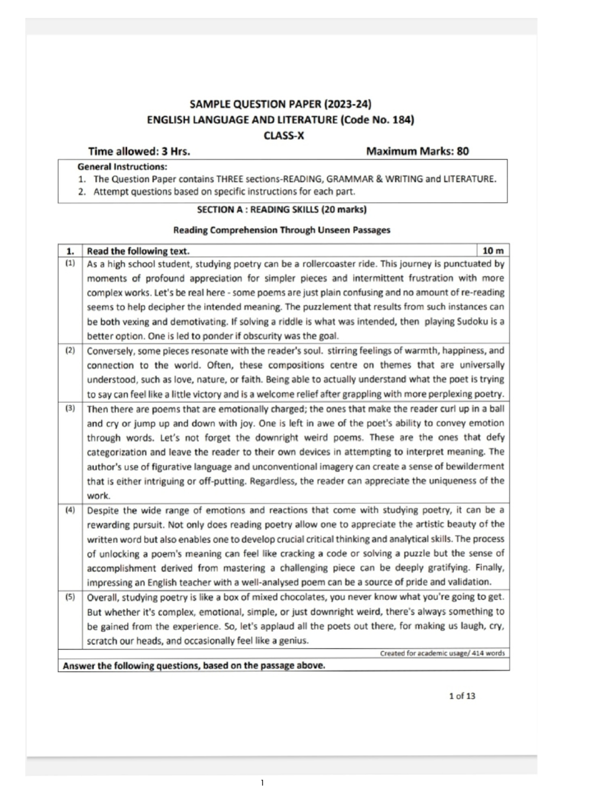 CBSC Class 10 Sample questions - Class 10 English - Studocu