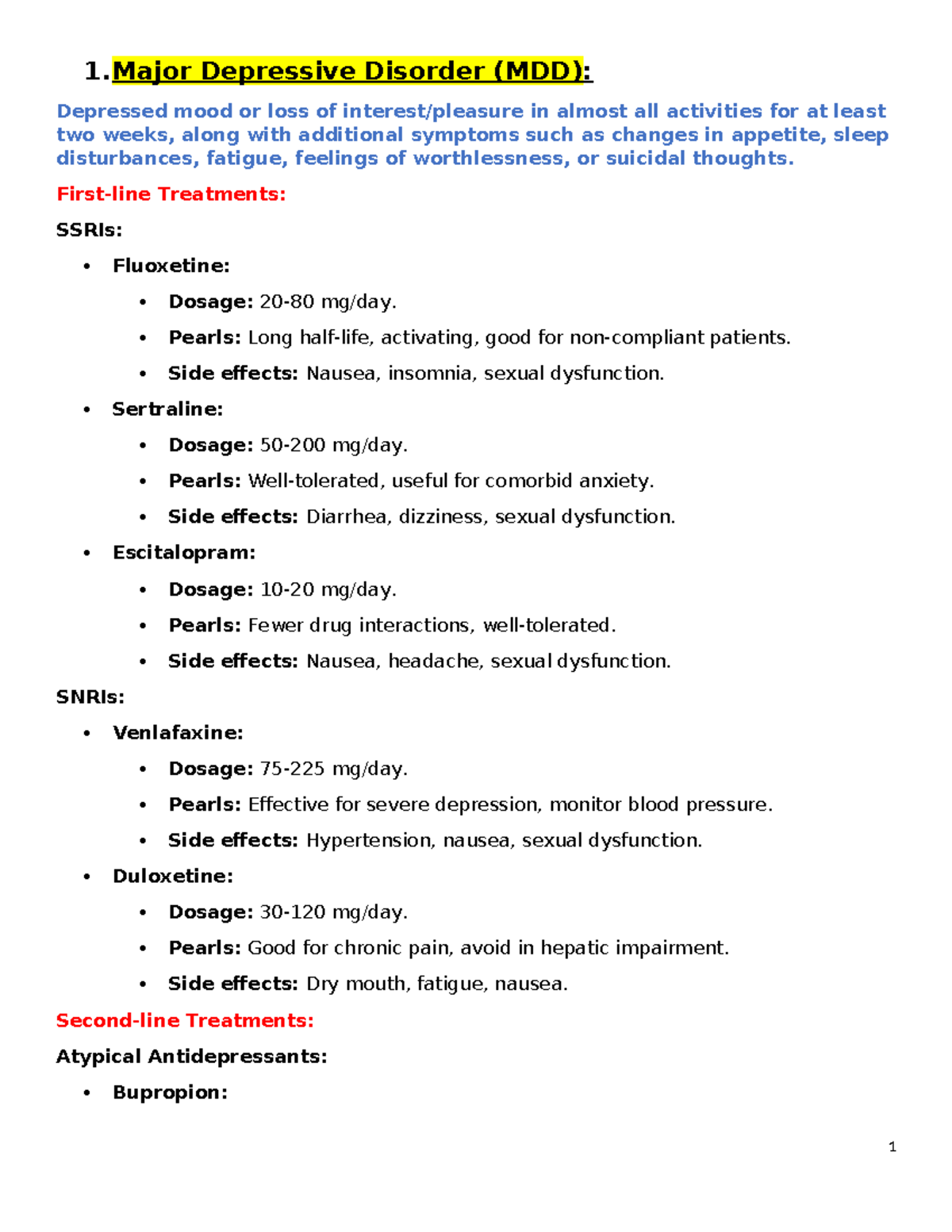 Psych Meds - Notes for clinicals - 1 Depressive Disorder (MDD ...