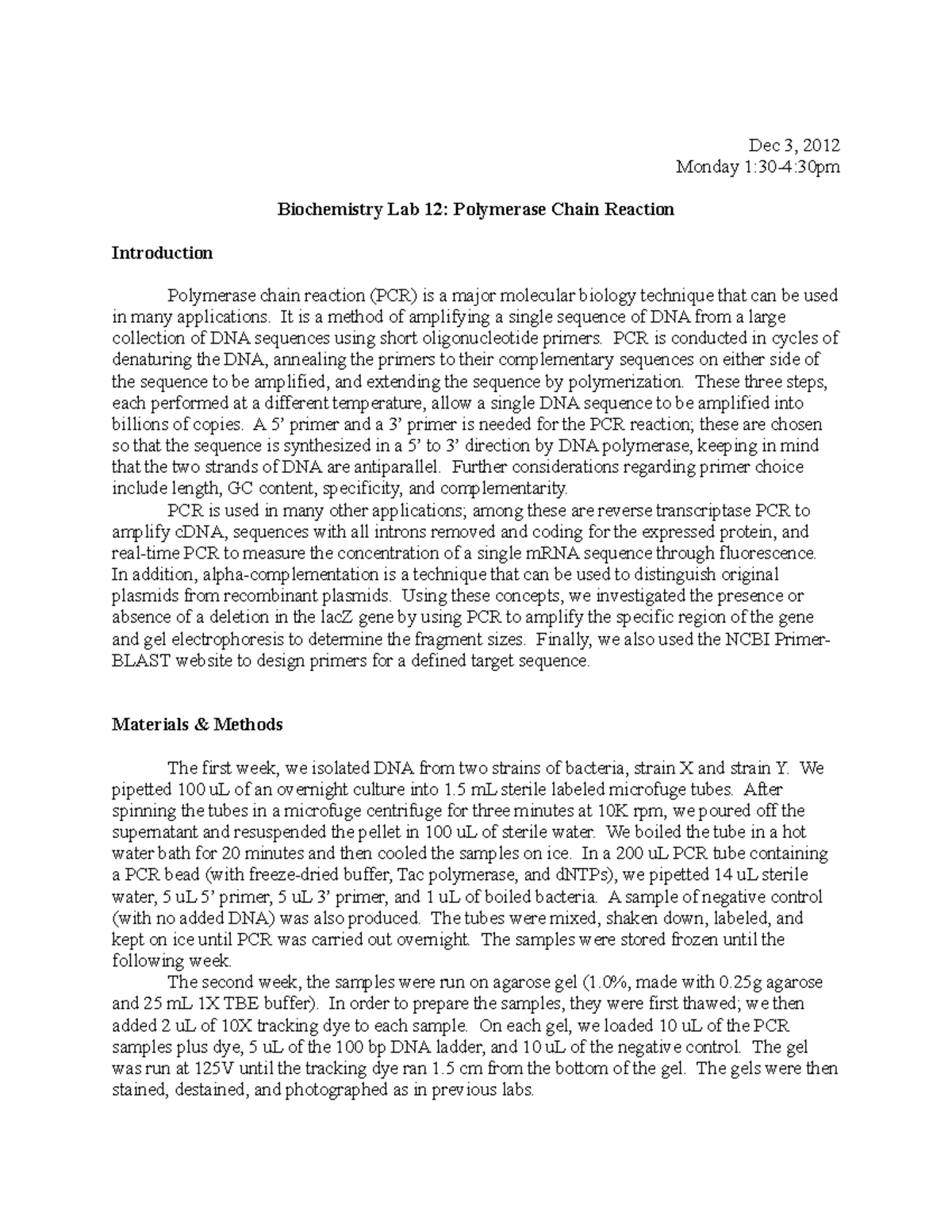 Biochem Lab 12 - Polymerase Chain Reaction - Dec 3, 2012 Monday 1:30-4 ...
