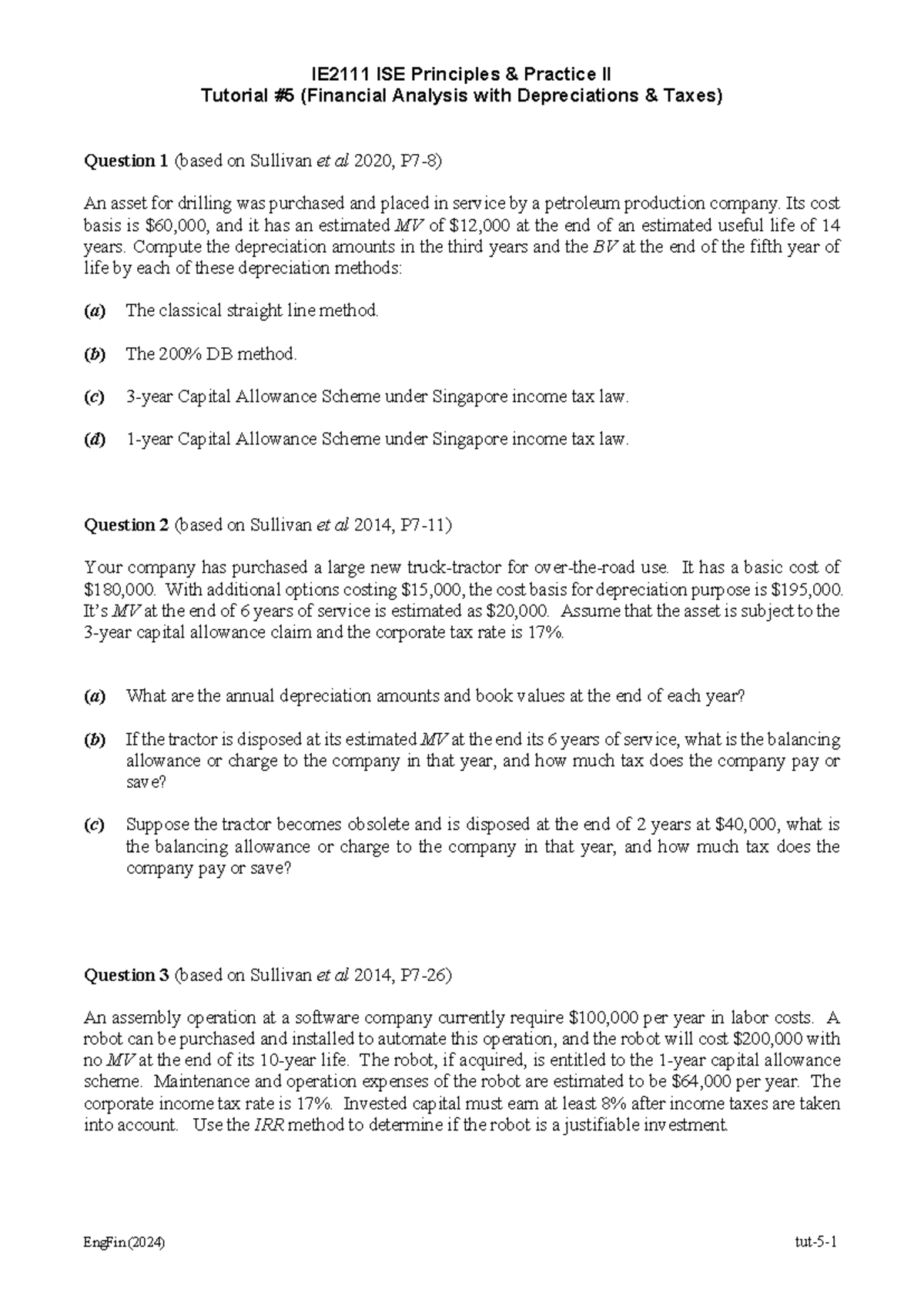 Ie2111 24 tut 5 - TUT 5 - EngFin (2024) tut-5- IE2111 ISE Principles ...