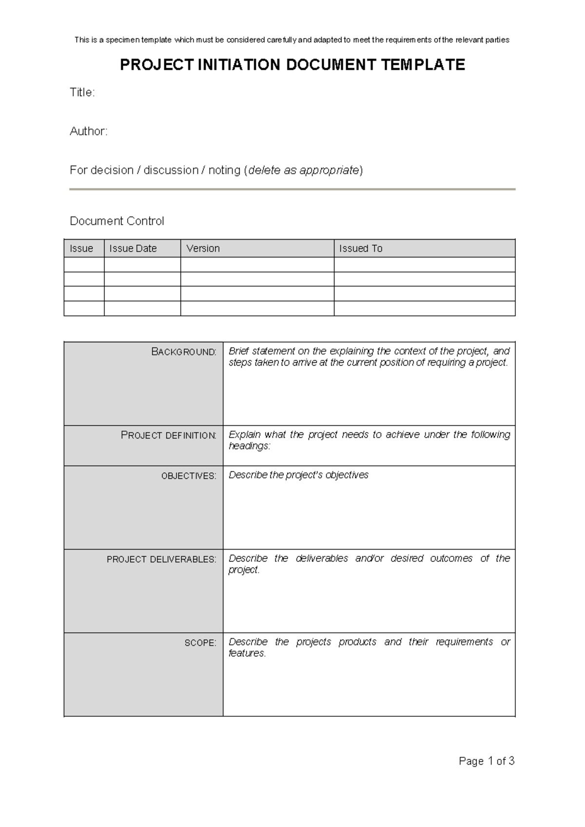 Project initiation document template - This is a specimen template ...