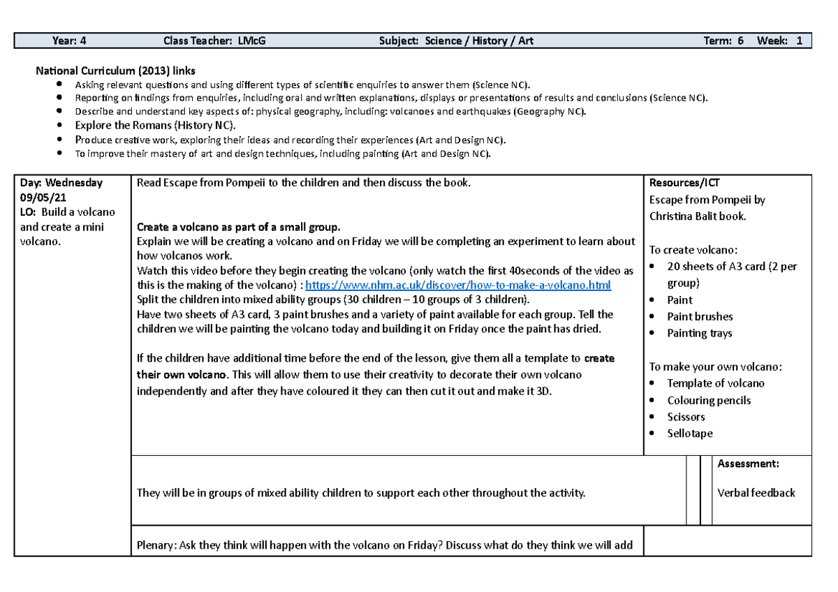 Lesson plan for volcano - Year: 4 Class Teacher: LMcG Subject: Science ...