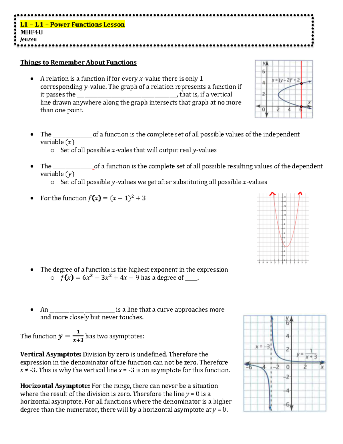 1 - Notes - L1 – 1 – Power Functions Lesson MHF4U Jensen Things to ...