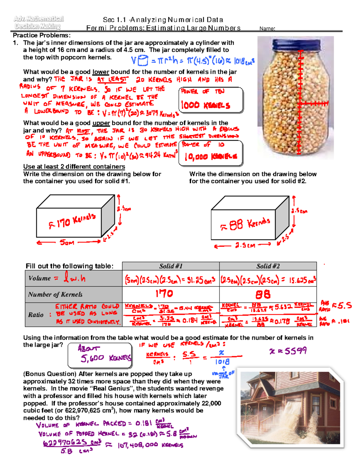 Zach work - Math work - Sec 1 -Analyzing Numerical Data Fermi Problems: Estimating Large Numbers ...