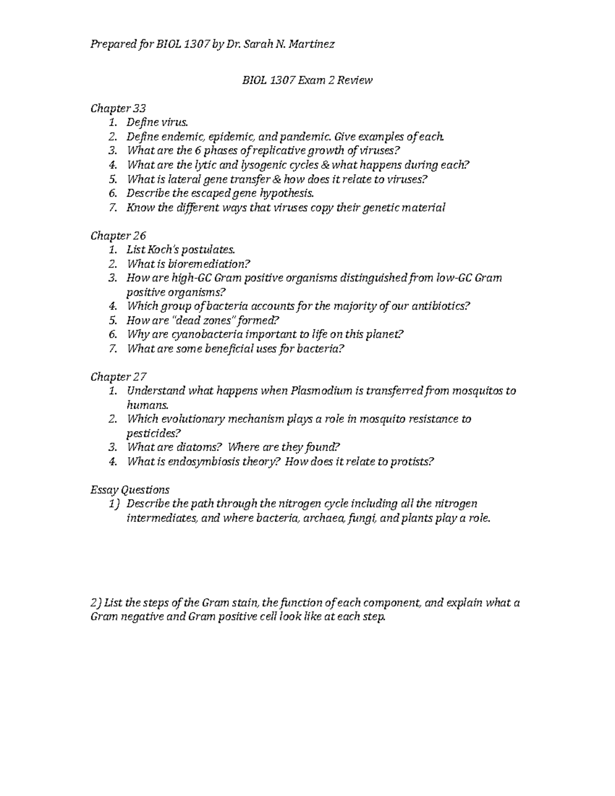 BIOL 1307 Exam 2 Review 2020 - Prepared for BIOL 1307 by Dr. Sarah N ...