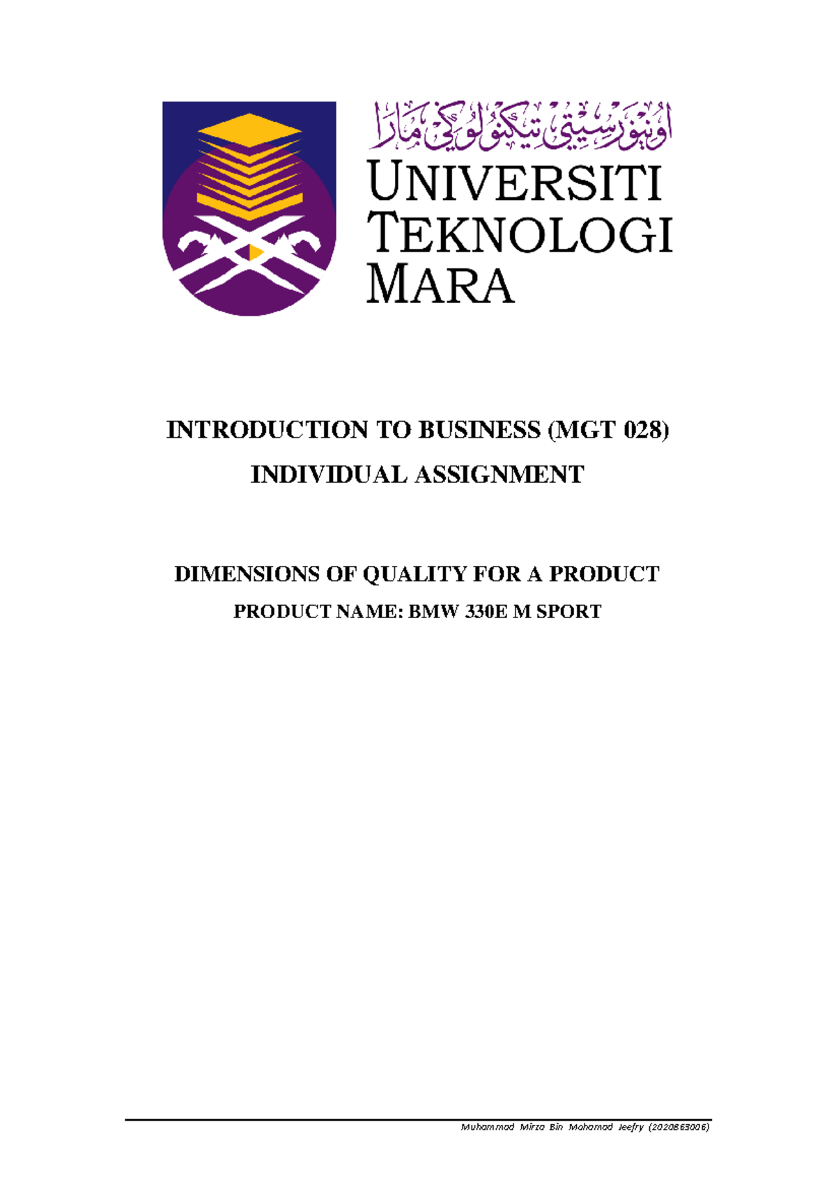 MGT028 individu assignment - INTRODUCTION TO BUSINESS (MGT 028 ...