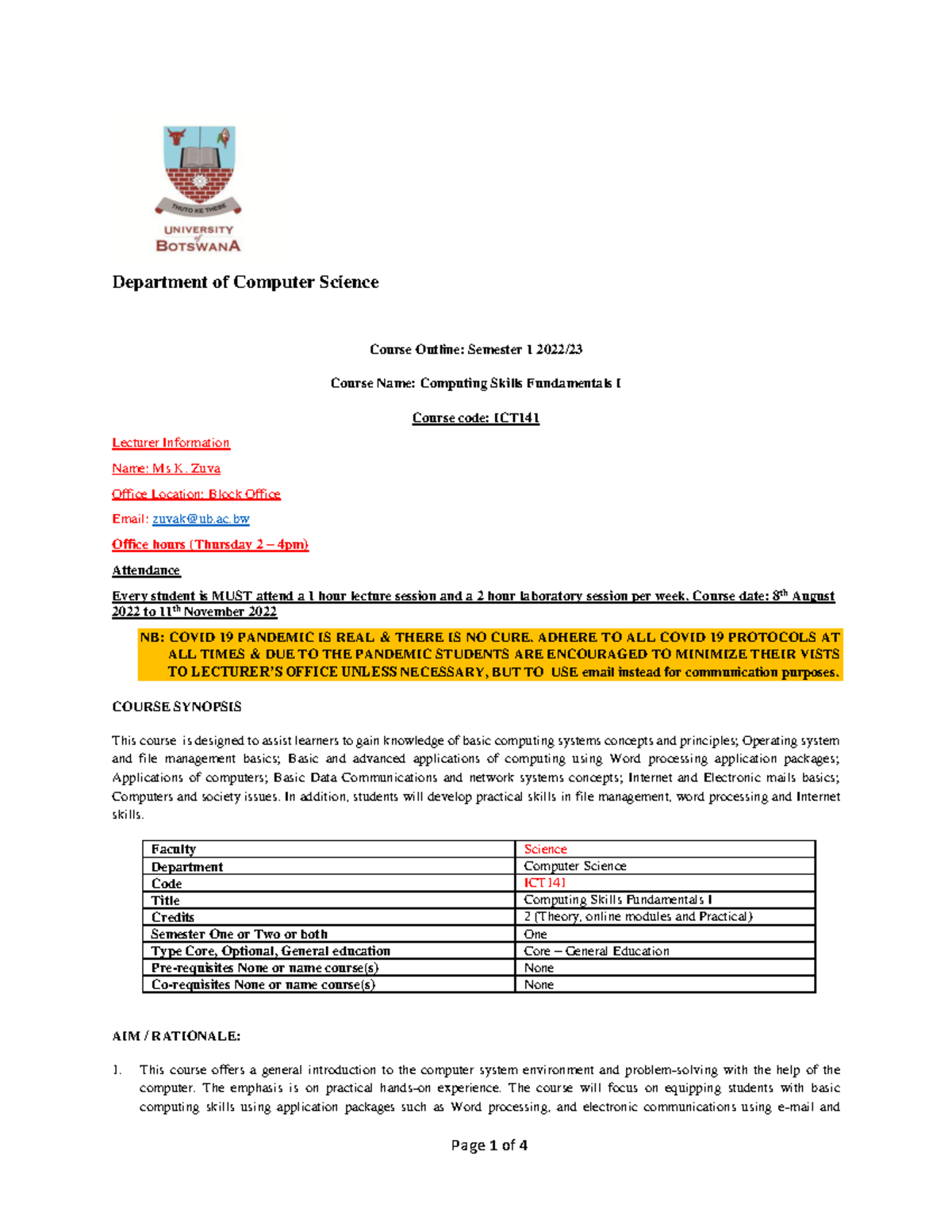 ICT141 Course Outline Calendar 2022-23 Semester 1 Science - Department ...