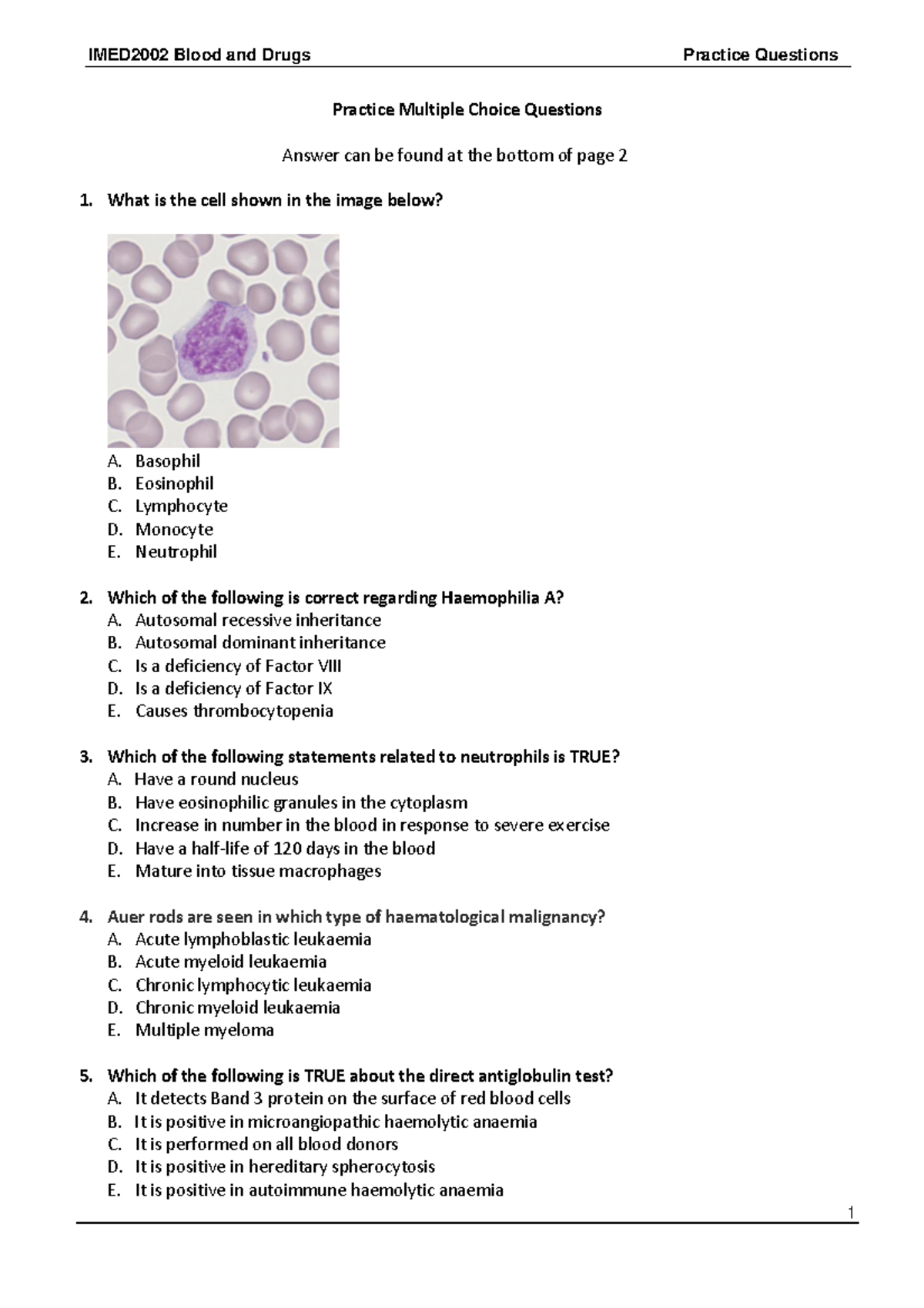 IMED2002 Blood module Practice Questions 2023 - IMED2002 - UWA - Studocu