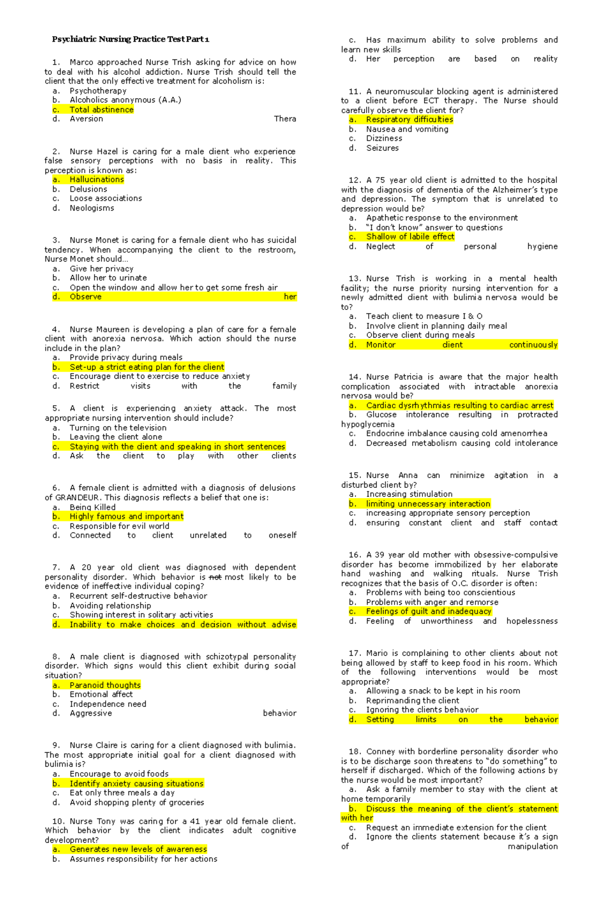 Practice test in psychia with answer - Psychiatric Nursing Practice ...