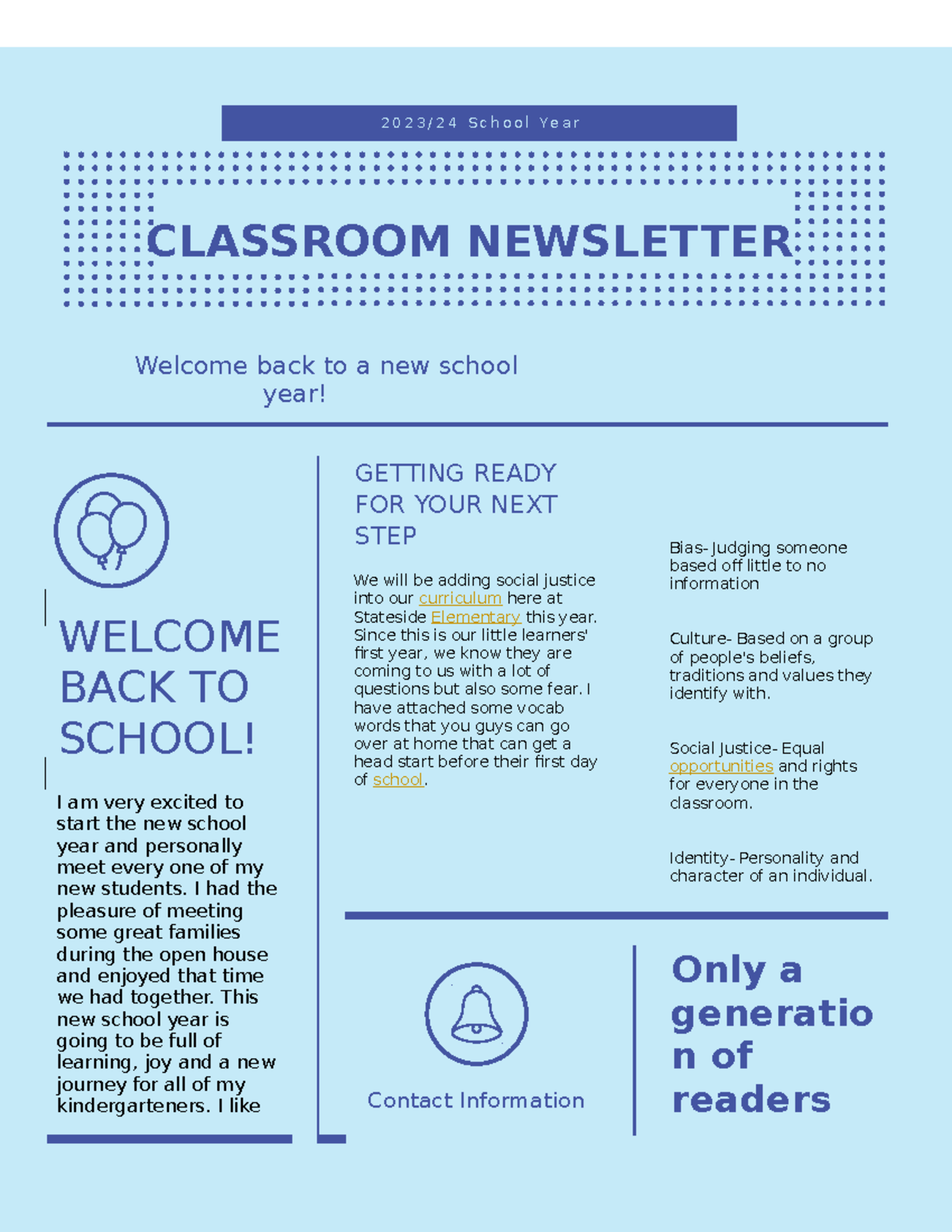 Eddu330.classroom newsletter - 2 0 2 3 / 2 4 S c h o o l Ye a r ...