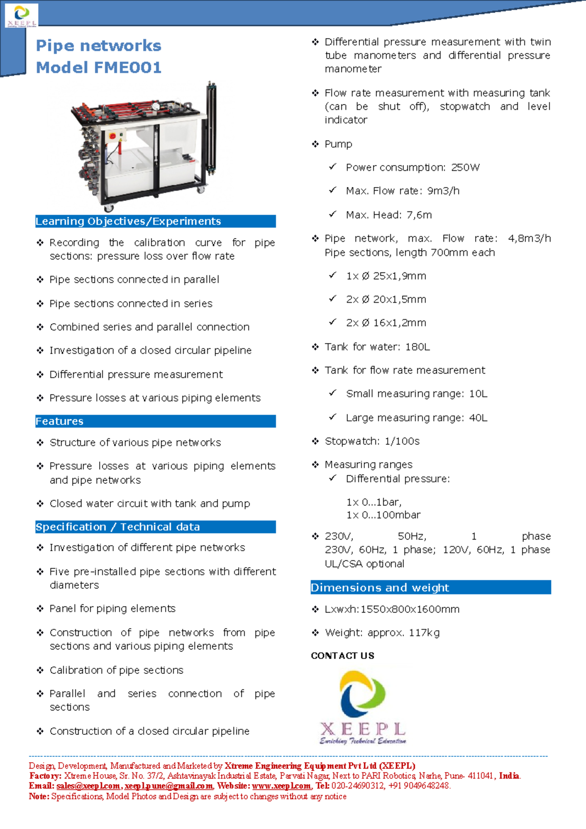 FME 001 Pipe Networks - lab requirement - Pipe networks Model FME ...