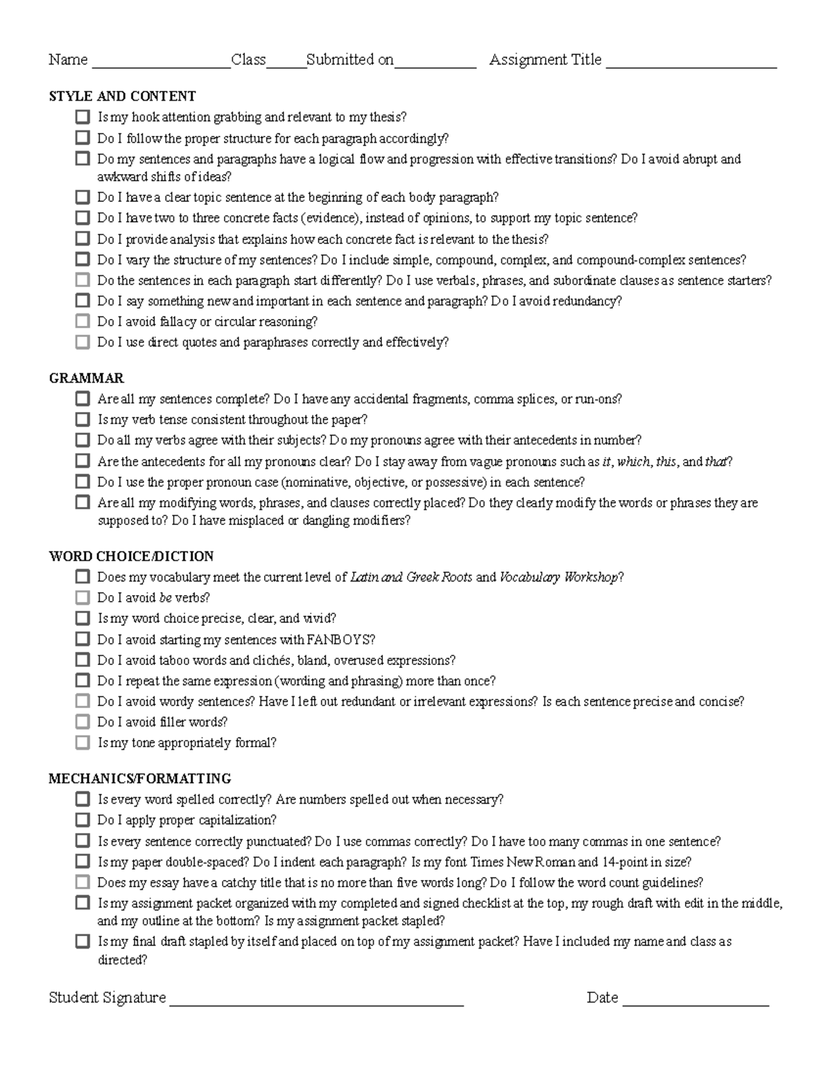 Proofreading Checklist SR - Name _______Class_____Submitted on ...