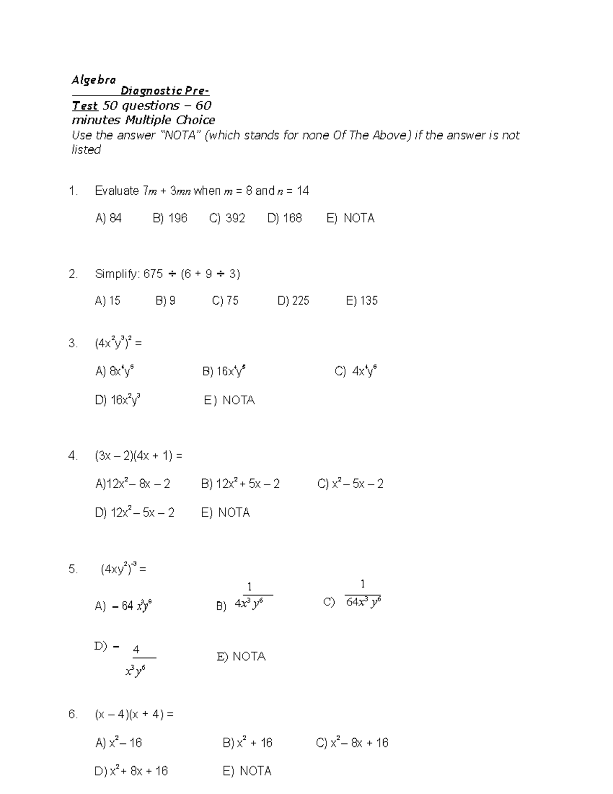 Algebra Practice TEST 1 - Algebra Diagnostic Pre- Test 50 questions ...