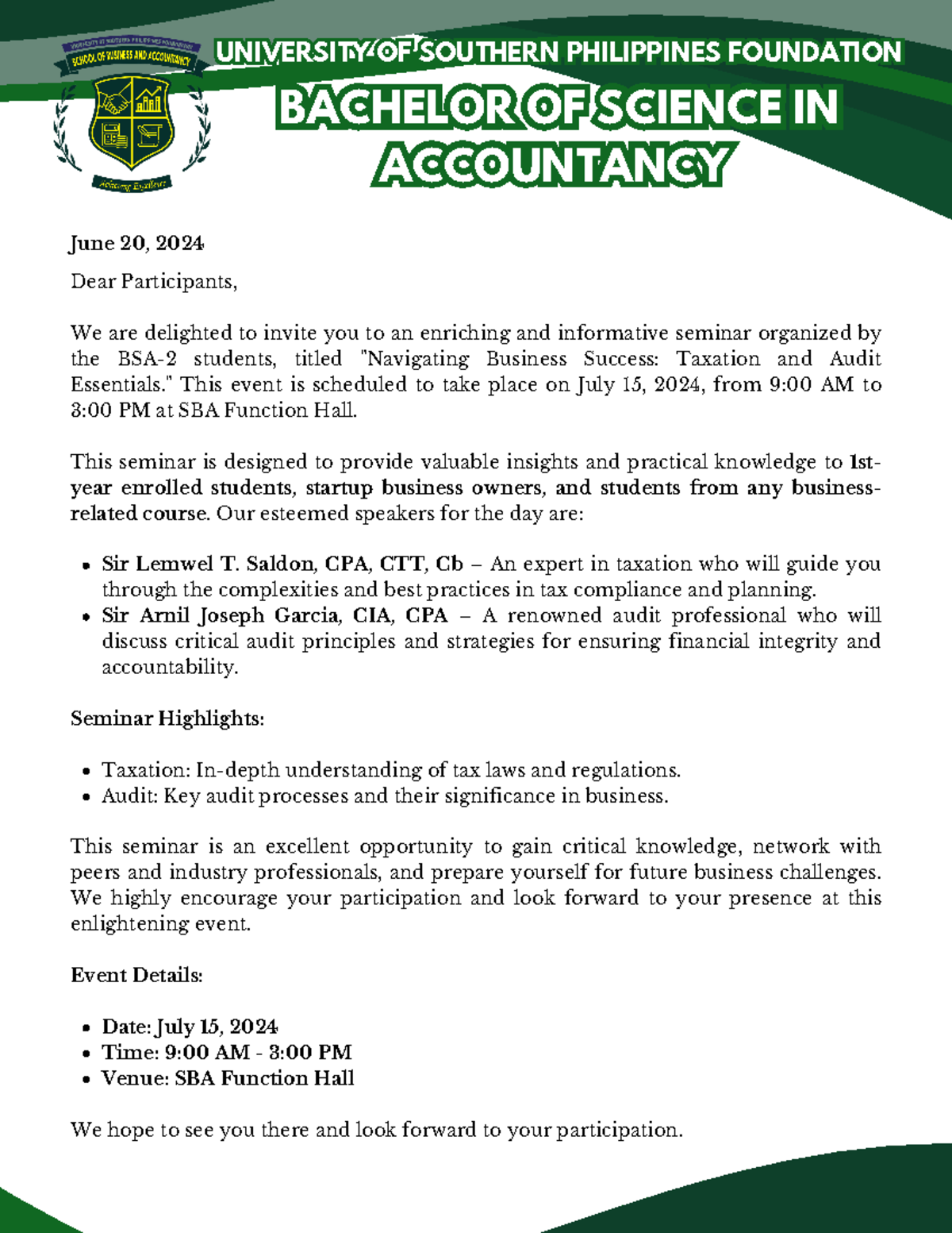 Invitation Letter - Participants - UNIVERSITY OF SOUTHERN PHILIPPINES ...