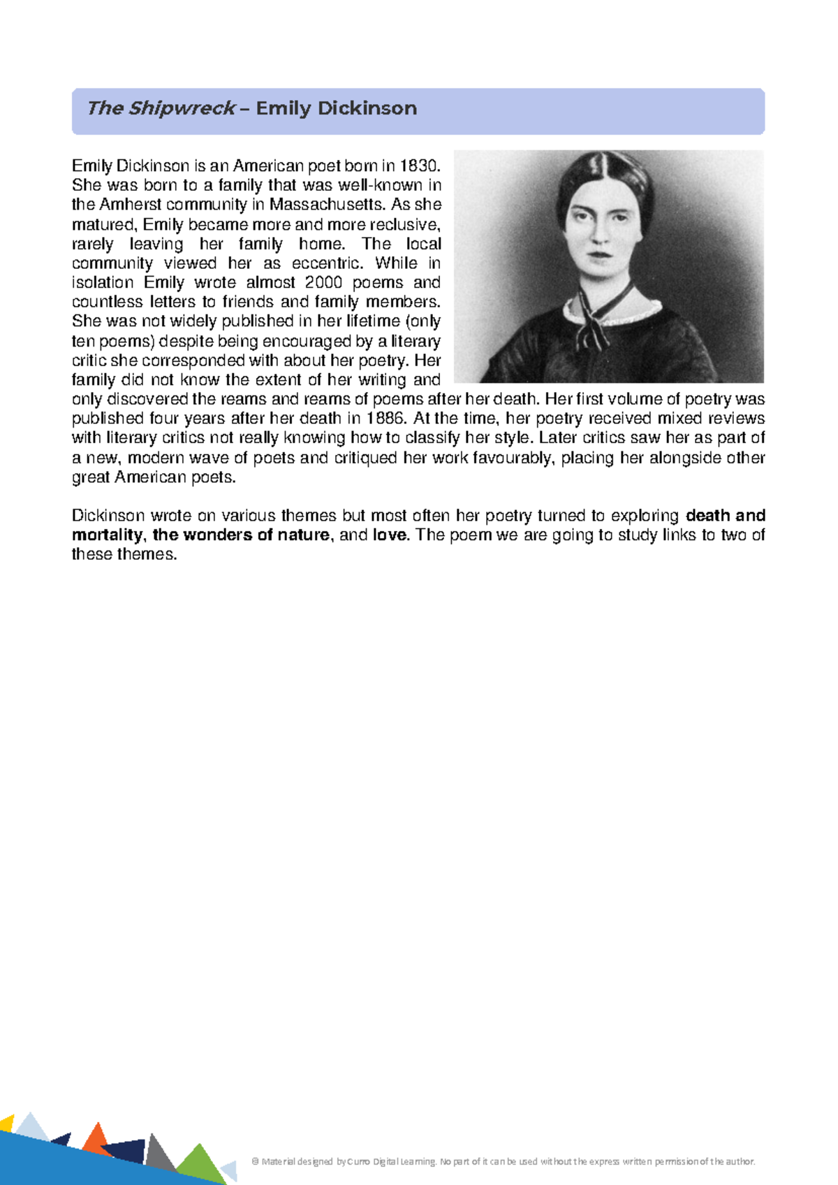 The Shipwreck - Materials - Emily Dickinson is an American poet born in ...