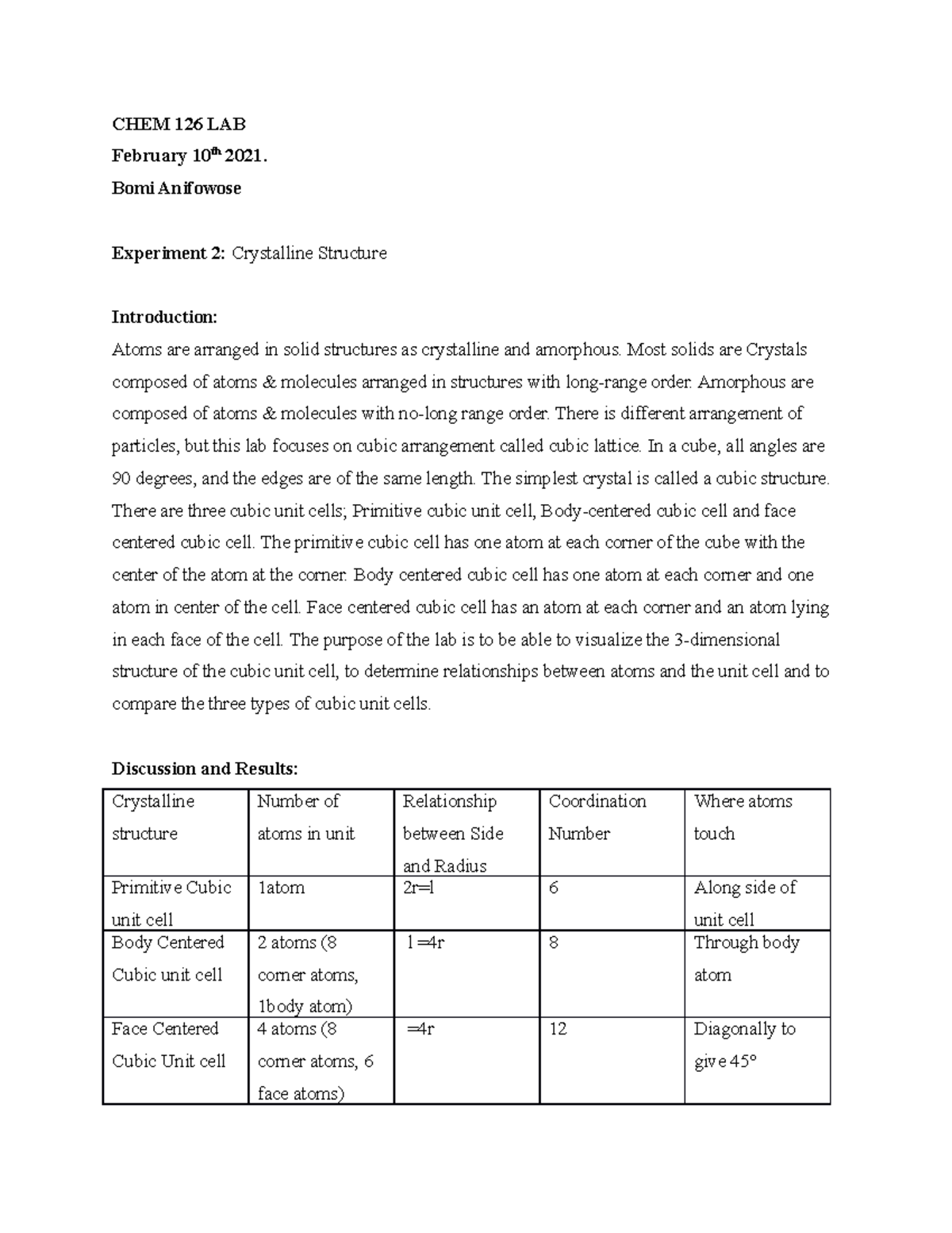 Crystalline Structure lab report - CHEM 126 LAB February 10th 2021 ...