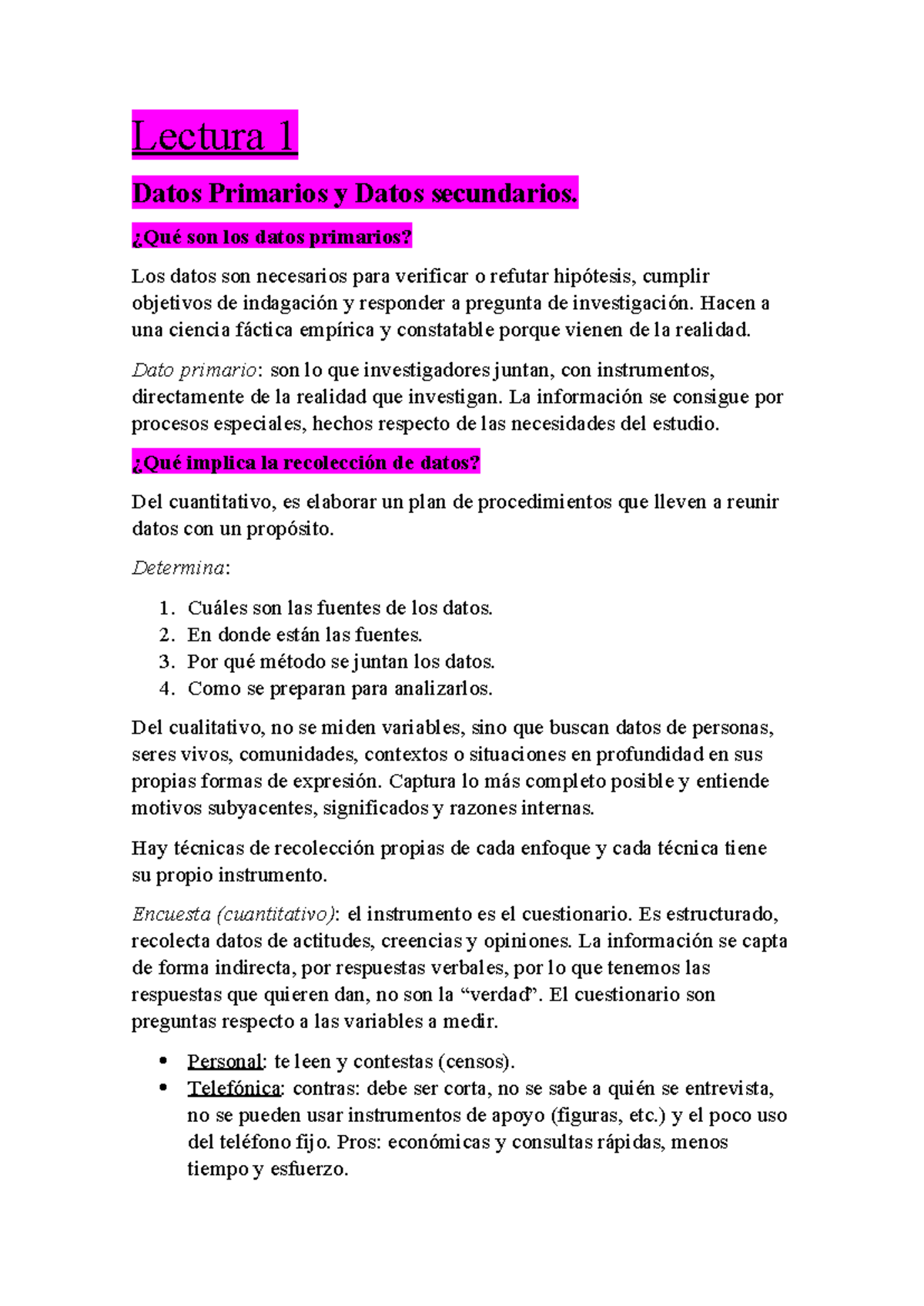 Métodos M3 - resumen de clase - Lectura 1 Datos Primarios y Datos ...