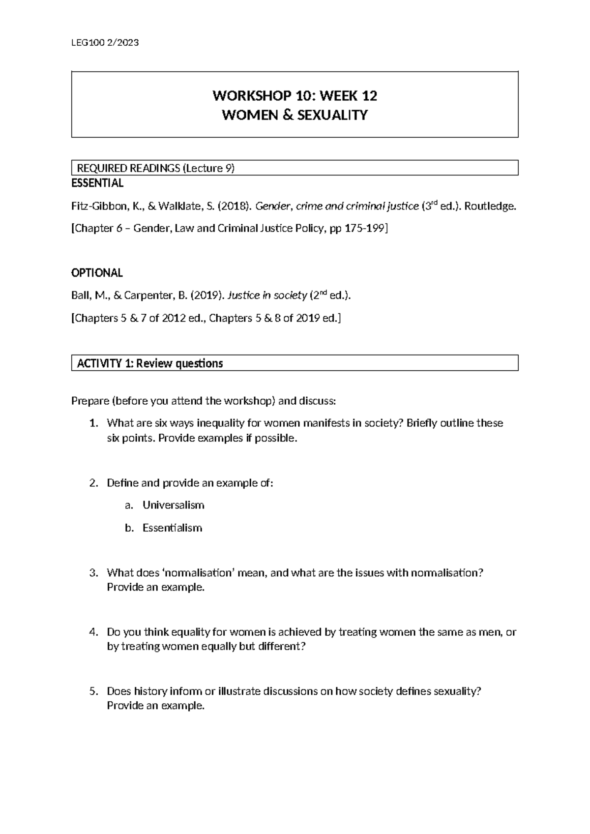 Workshop 10 - LEG100 2/ WORKSHOP 10: WEEK 12 WOMEN & SEXUALITY REQUIRED ...