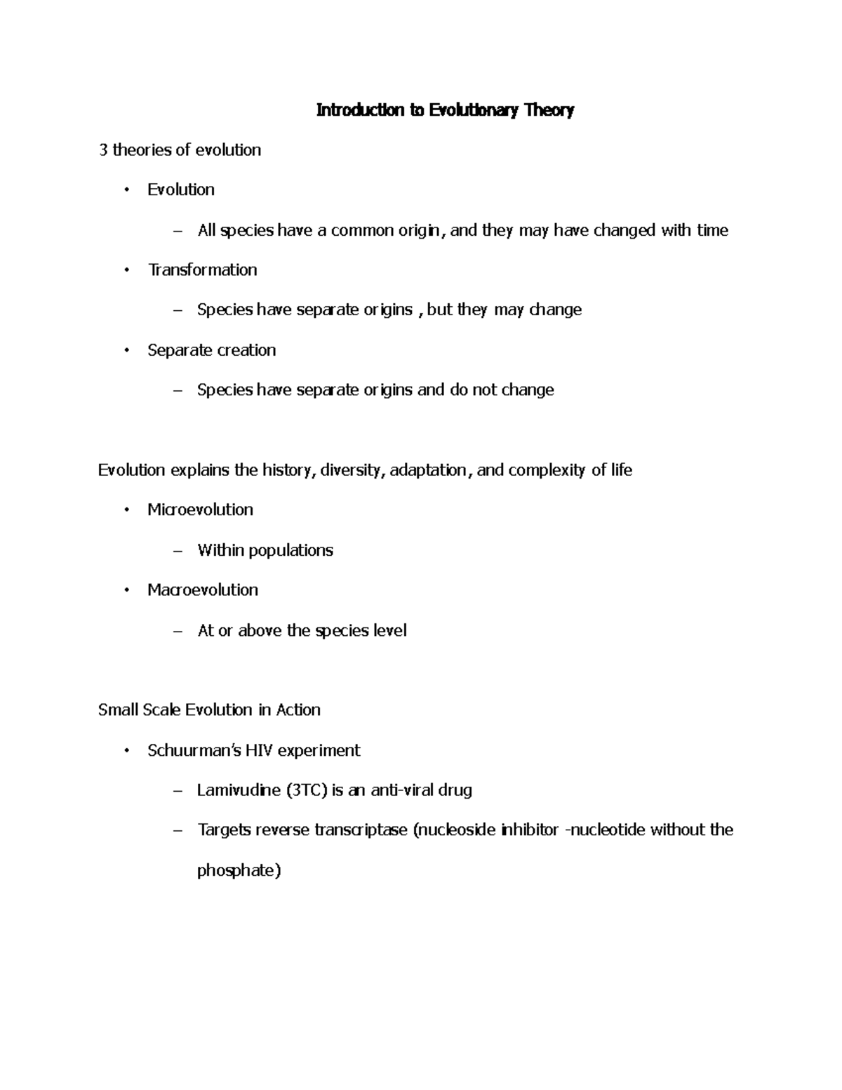 Introduction Notes - Introduction to Evolutionary Theory 3 theories of ...
