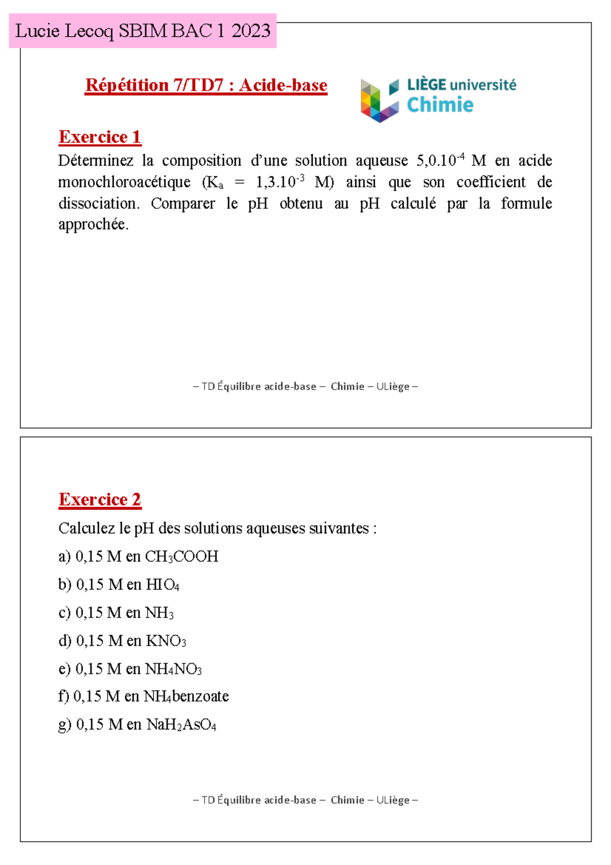 Repet 7 - – TD Équilibre acide-base – Chimie – ULiège – Répétition 7 ...