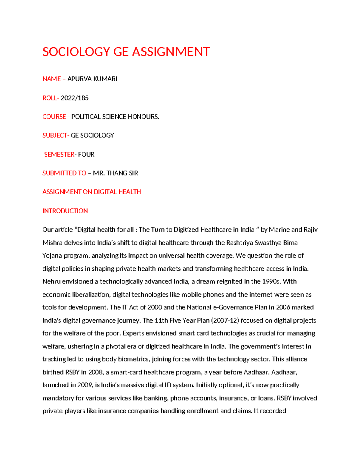 Ge assignment - globalisation - SOCIOLOGY GE ASSIGNMENT NAME – APURVA KUMARI ROLL- 2022/ COURSE ...
