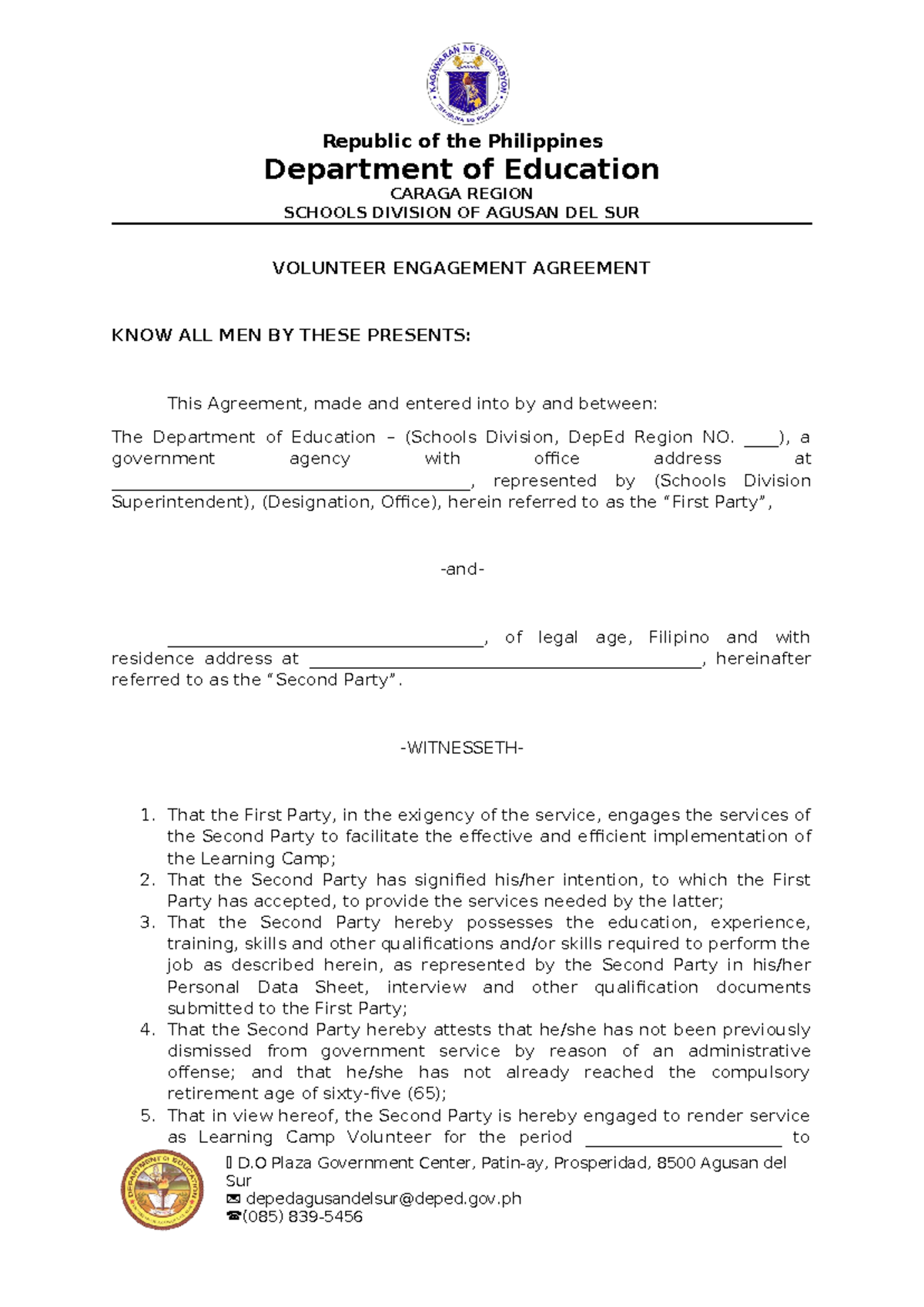 NLC 2024 LCVs volunteer agreement form for Learning Camp Volunteer ...