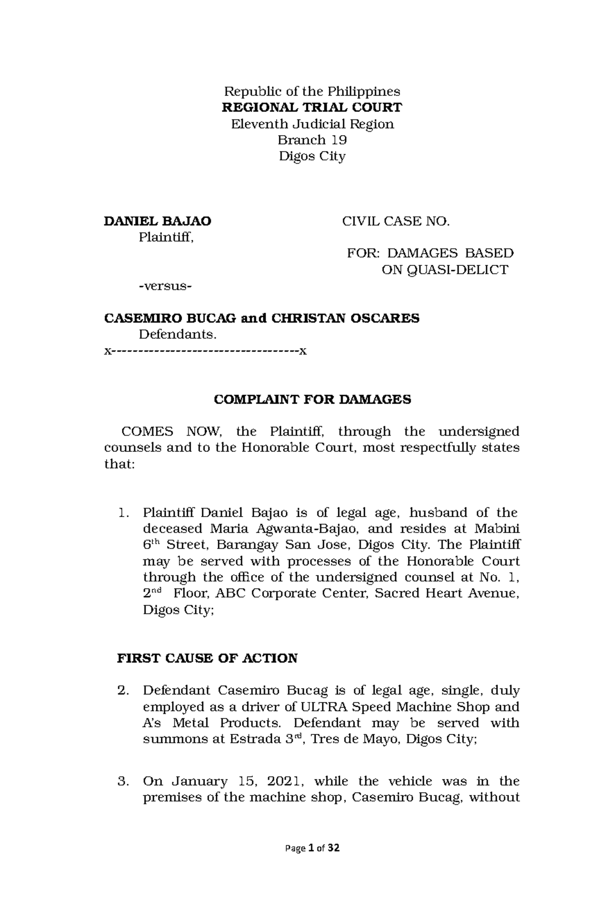 Damages-based-on-quasi-delict( Torts)- Final Paper-ALBA, Bajao, Claros ...