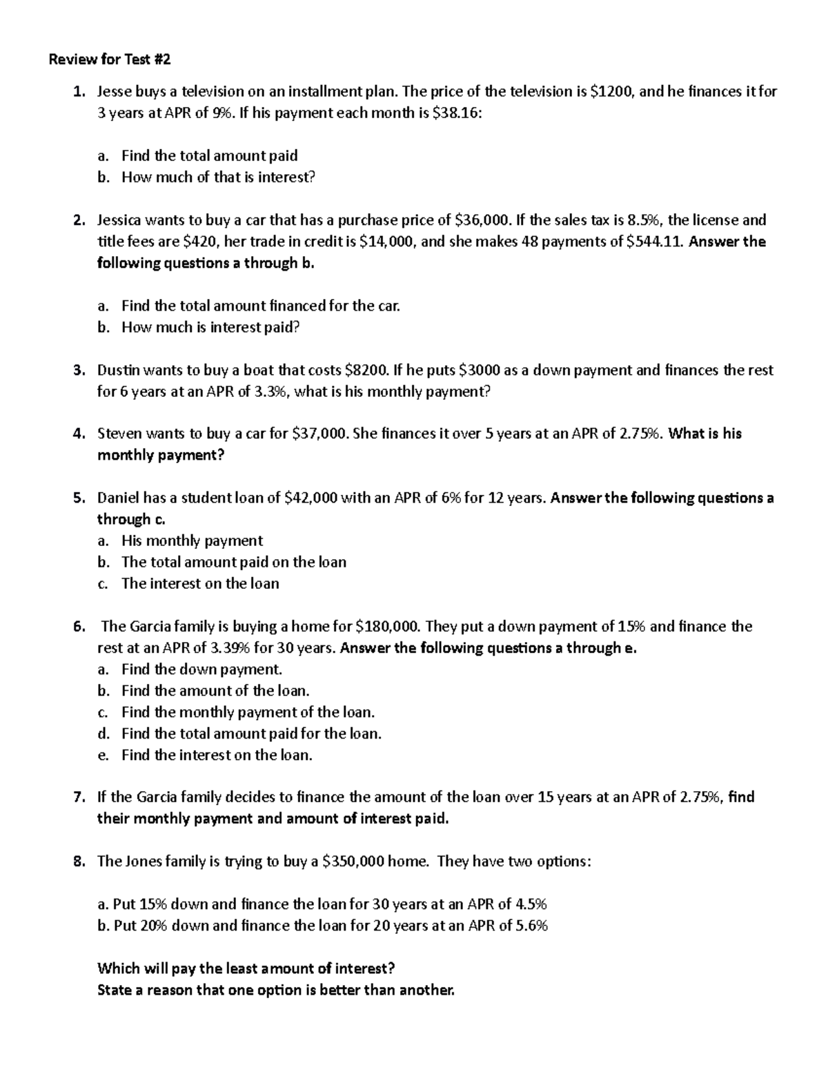 ACM Test 2 Review - Blank - Review for Test # Jesse buys a television ...