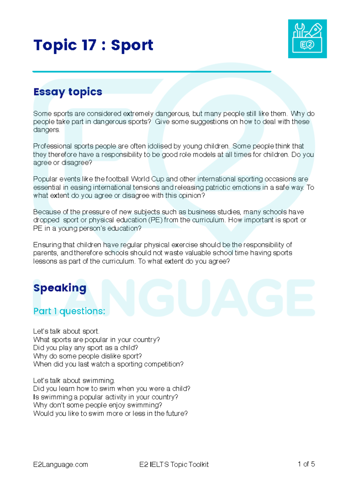 E2 Ielts Topic Toolkit Sport - Topic 17 : Sport ___________________________ Essay topics Some ...