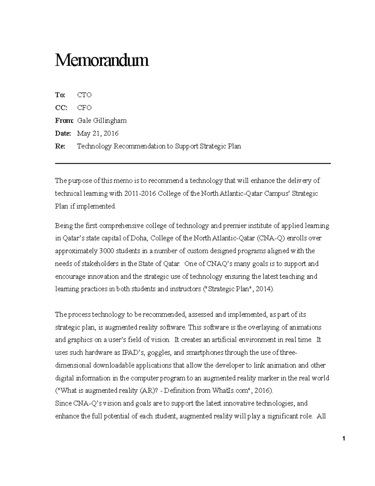Seminar assignments - Memorandum for implementation of new technology ...