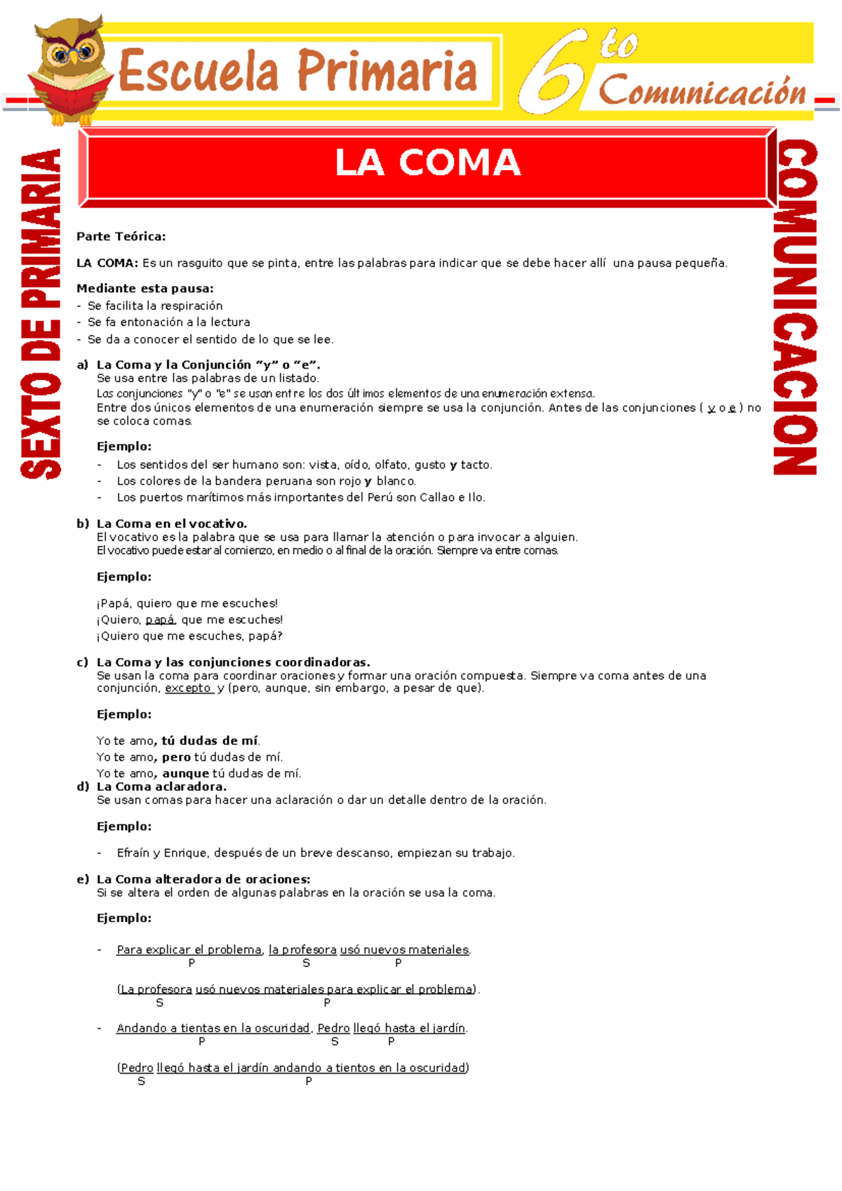 Uso de la Coma para Sexto de Primaria - de Primaria Parte Teórica: LA ...