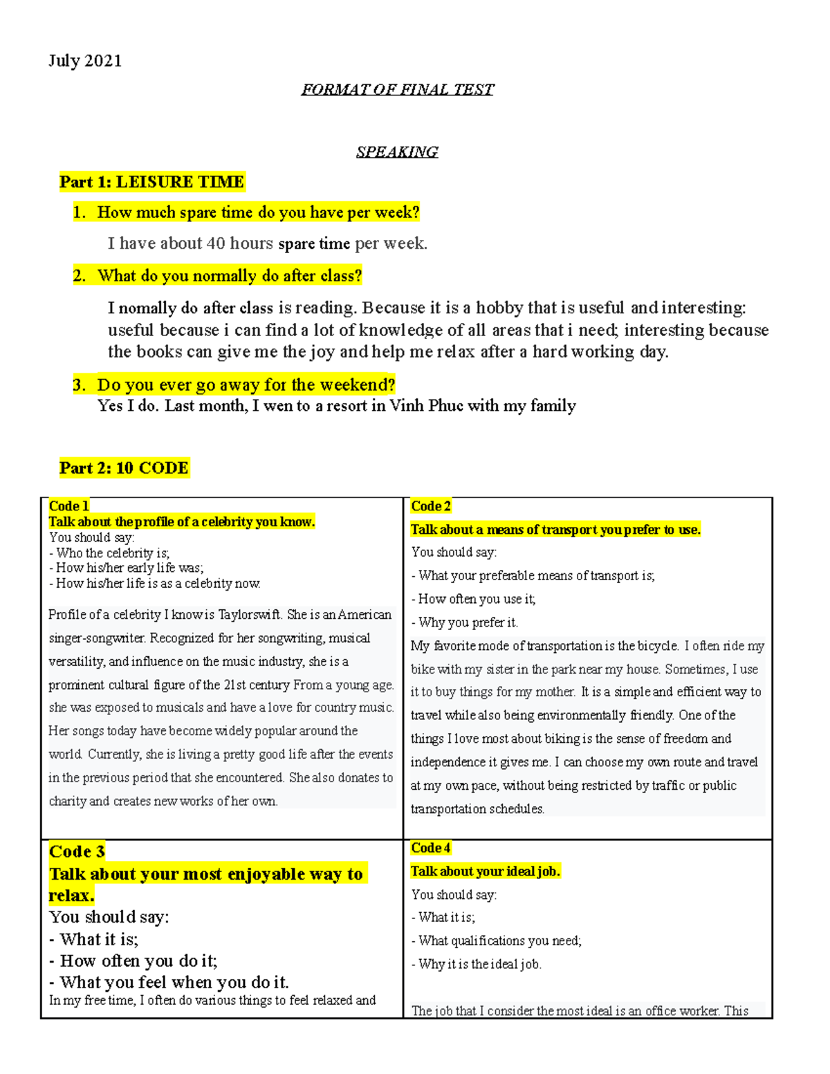 Topic-speaking-ta-1-2021 - July 2021 FORMAT OF FINAL TEST SPEAKING Part ...
