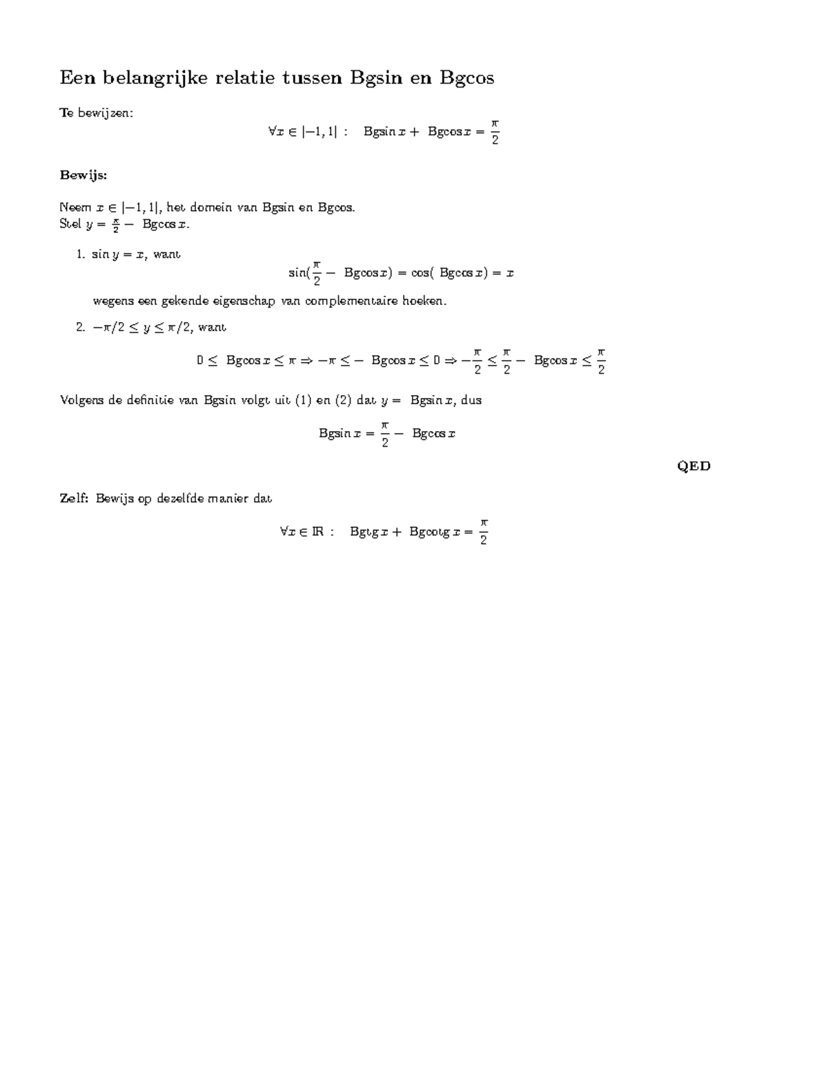 Bewijs Bgsinx Bgcosx - Bgsin x + Bgcos x = pi/2 - Een belangrijke ...