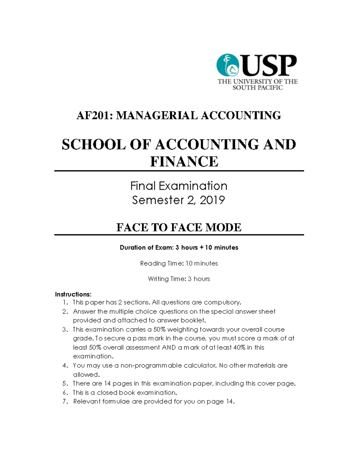 AF201 Exam S2 2019 - AF201: MANAGERIAL ACCOUNTING SCHOOL OF ACCOUNTING ...
