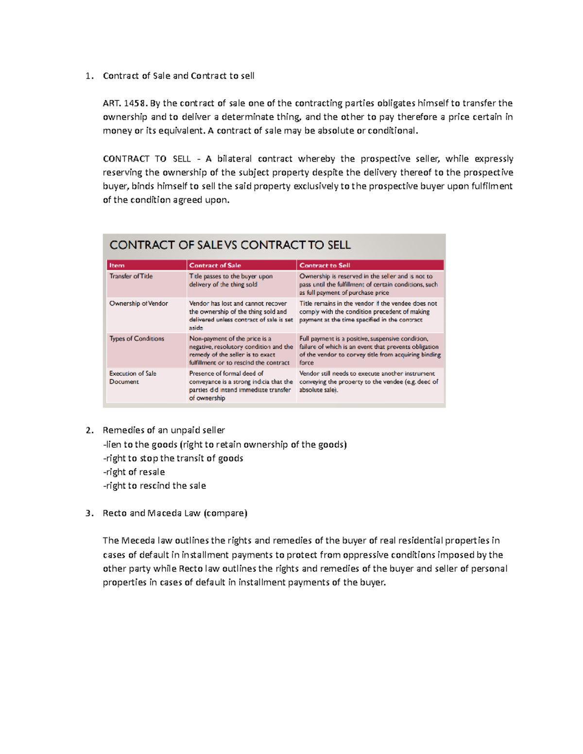 Examreview - Notes - 1. Contract of Sale and Contract to sell ART. 1458 ...