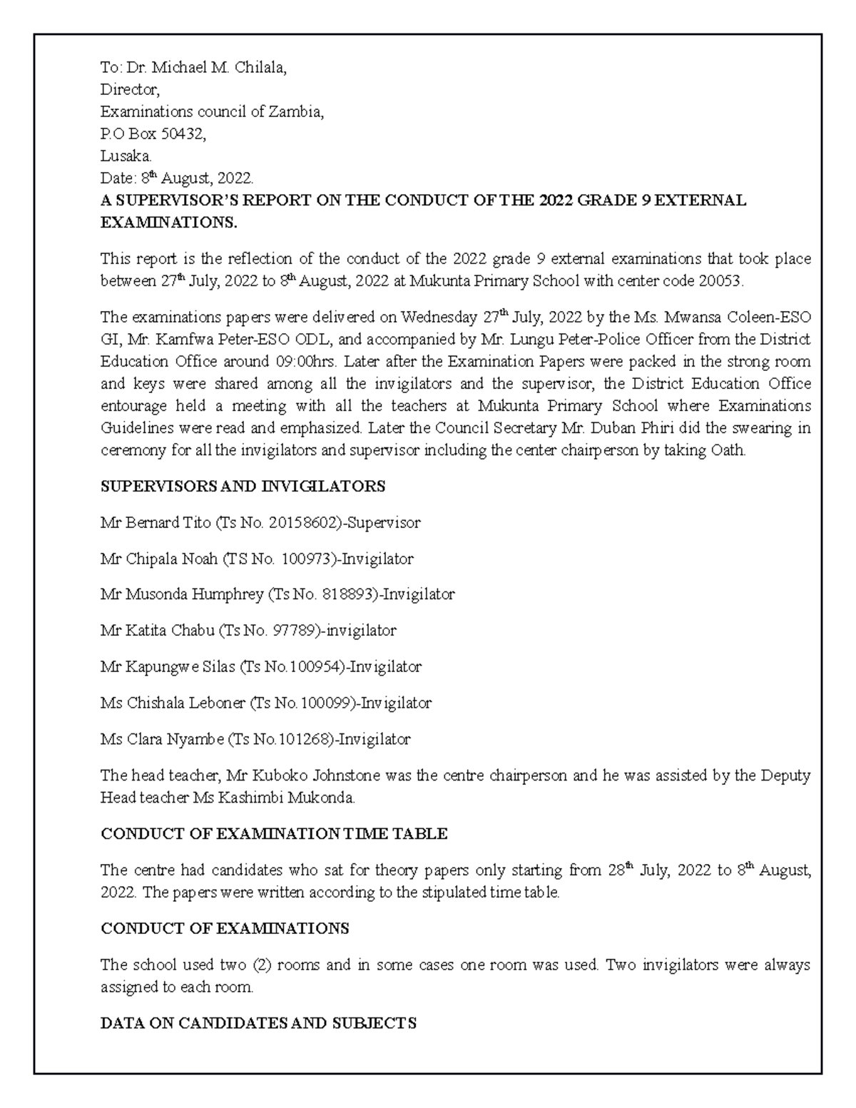 A Supervisor’S Report ON THE Conduct OF THE 2022 Grade 9 External ...