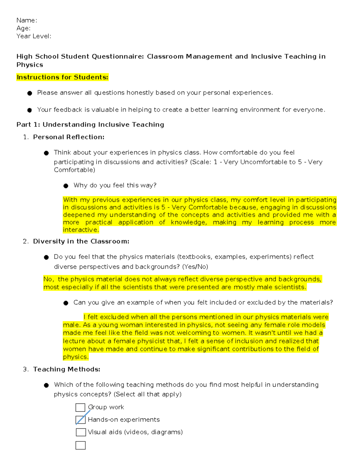 5th Respondent - survey questions with answers - Name: Age: Year Level ...
