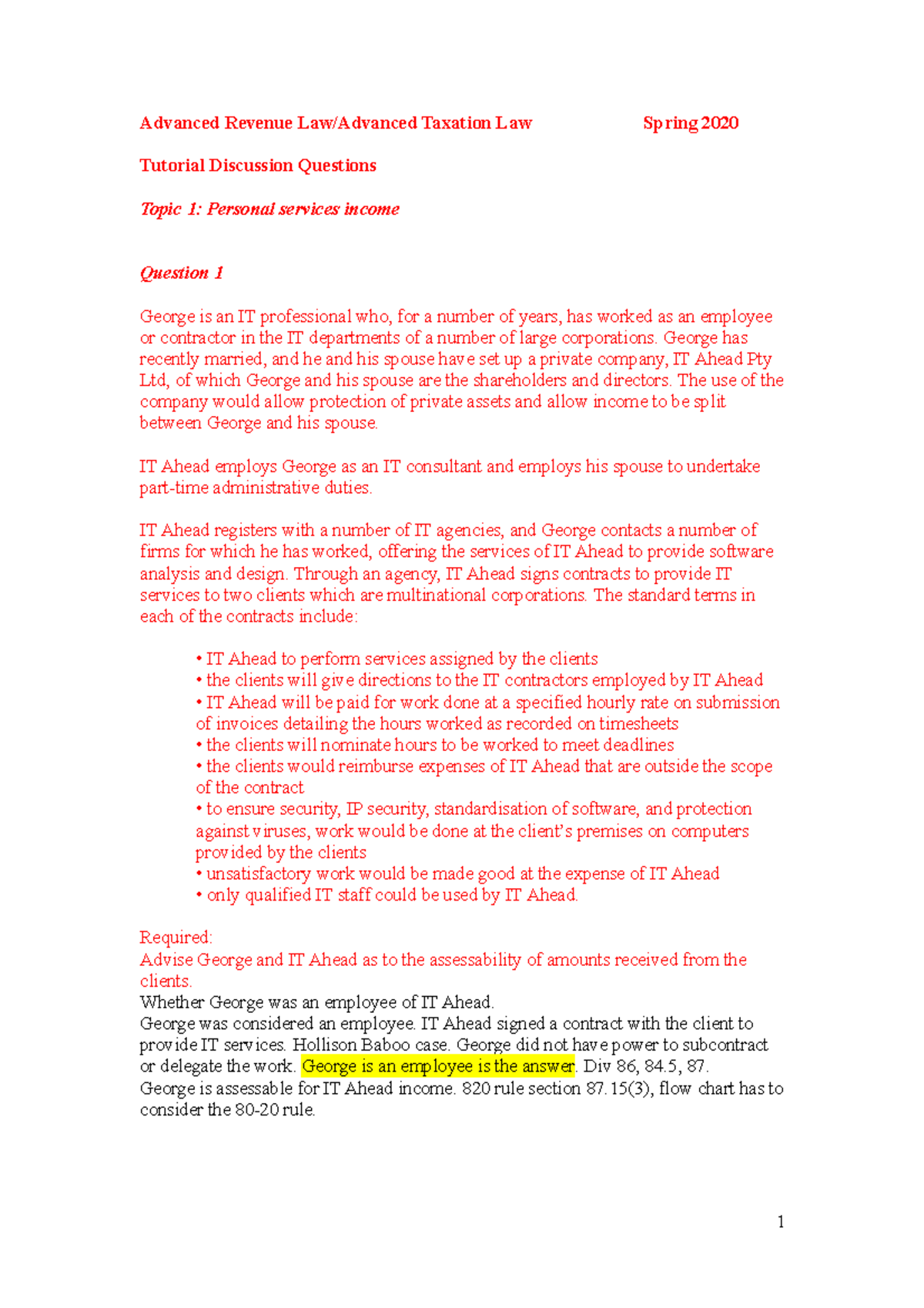 Spring 2020 - Tutorial Questions - Session 1 - Advanced Revenue Law ...