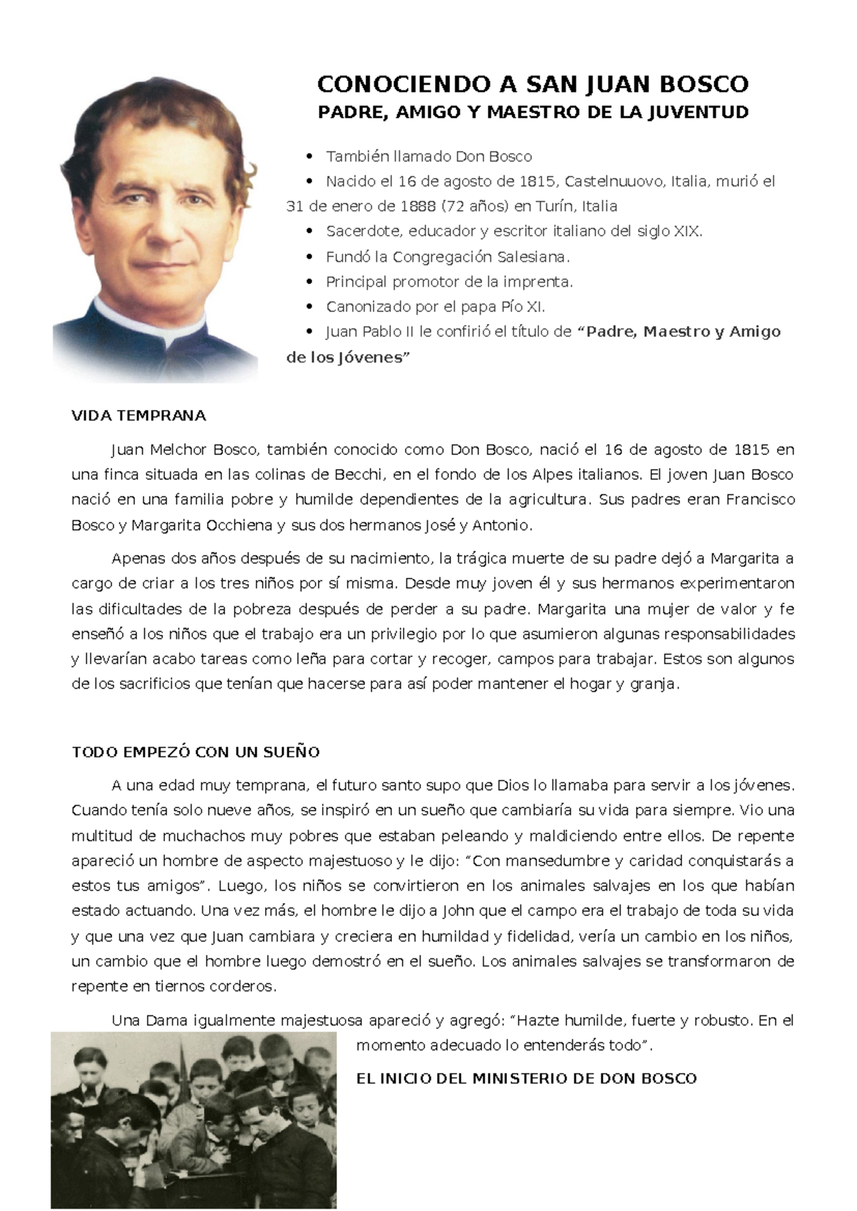 Conociendo A SAN JUAN Bosco - CONOCIENDO A SAN JUAN BOSCO PADRE, AMIGO Y MAESTRO DE LA JUVENTUD ...