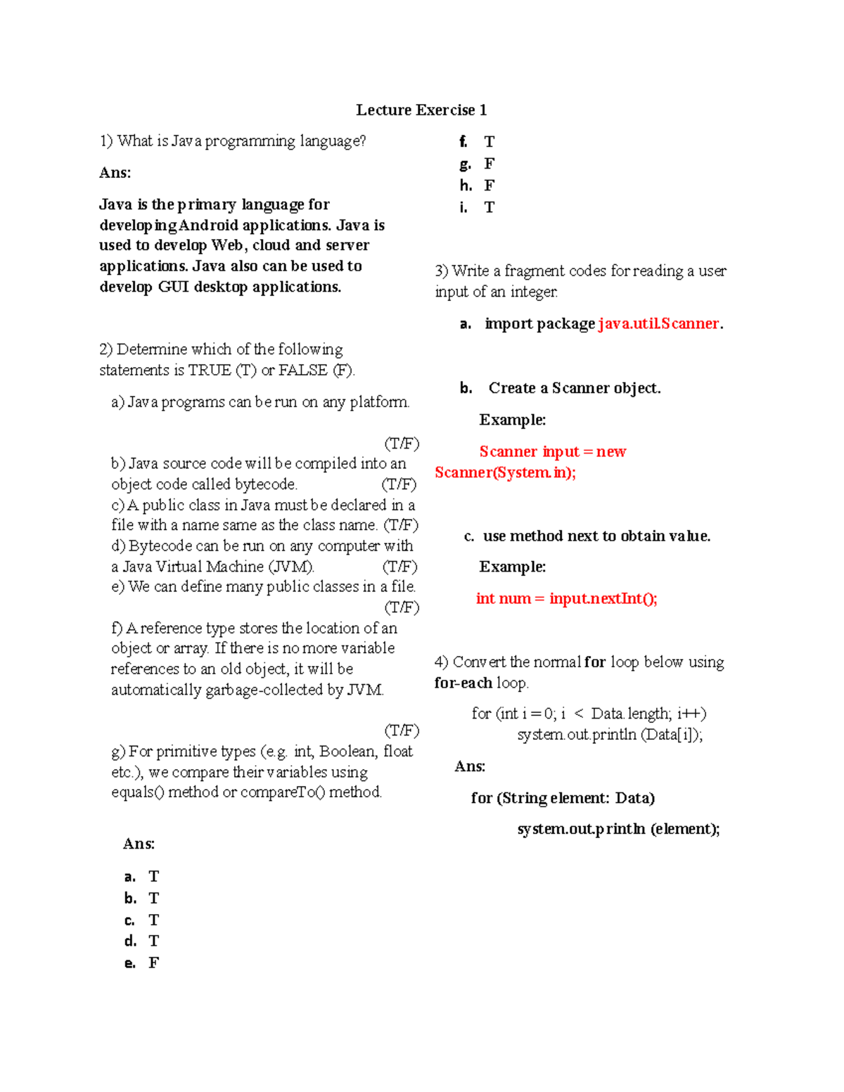 Lecture Exercise 1 Question Lecture Exercise 1 What Is Java