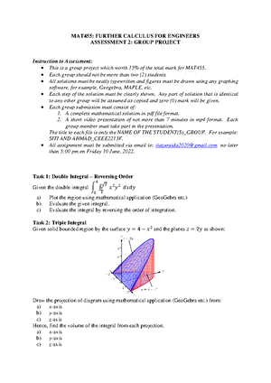 Assesment 2 MAT455 - Soalan assignment - MAT ASSESMENT 2 GROUP PROJECT Task 1: Double Integral ...