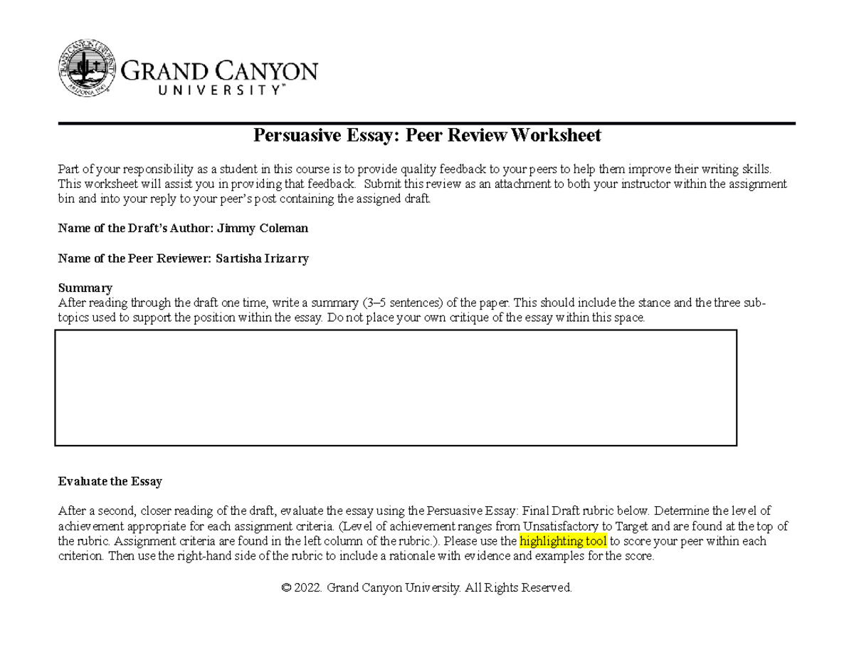 T-6 Peer Review Worksheet PHI105 (2) - Persuasive Essay: Peer Review ...