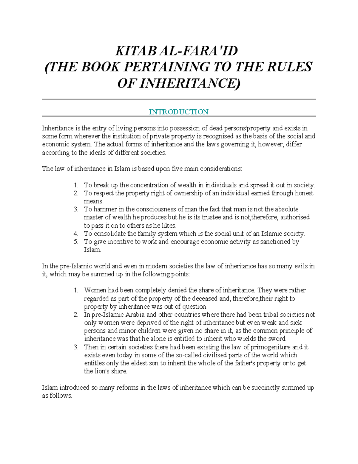 Kitab AL Faraid Inheritance - KITAB AL-FARA'ID (THE BOOK PERTAINING TO THE RULES OF INHERITANCE ...