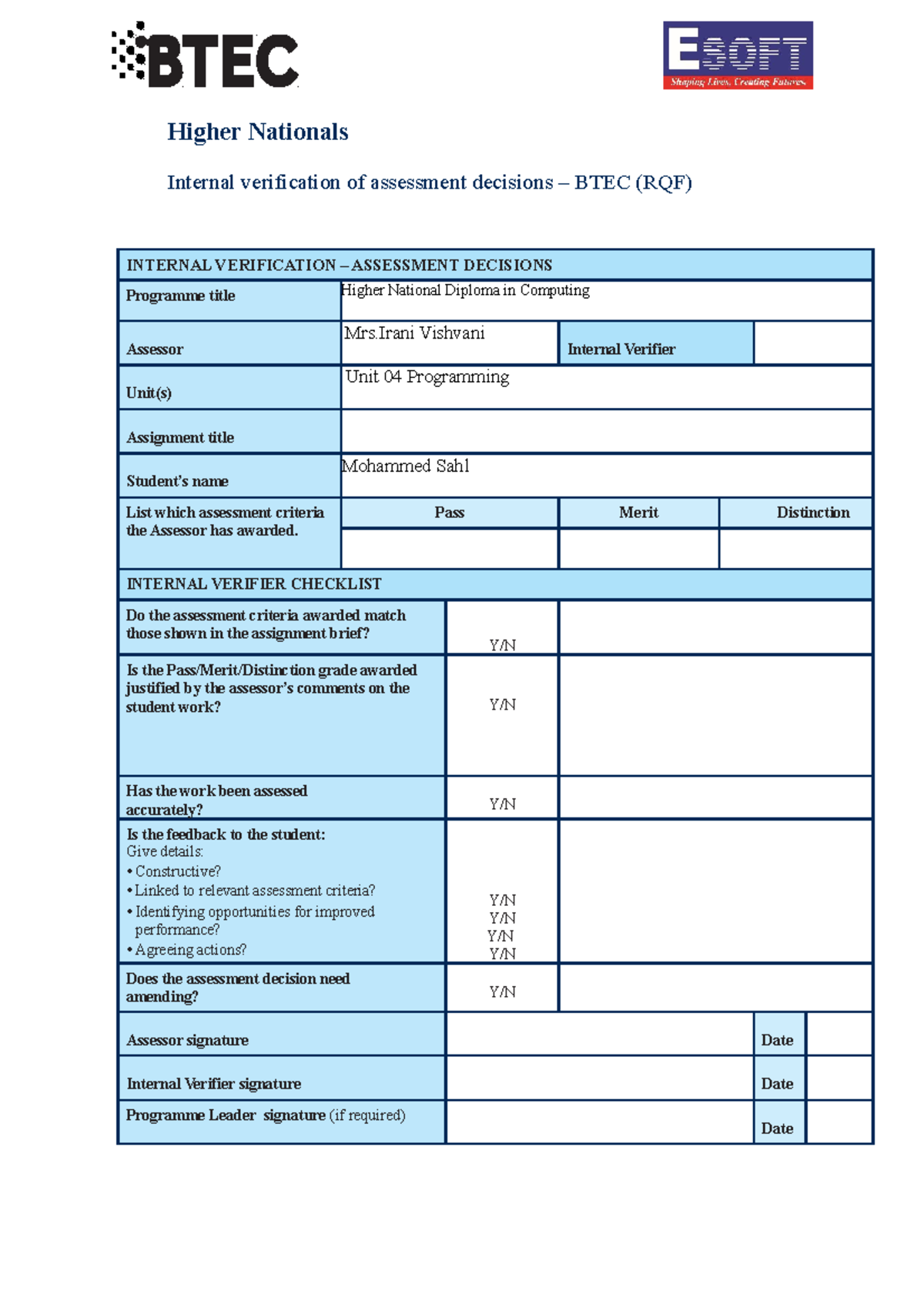 Programming Assignment Higher Nationals Internal Verification Of Assessment Decisions Btec