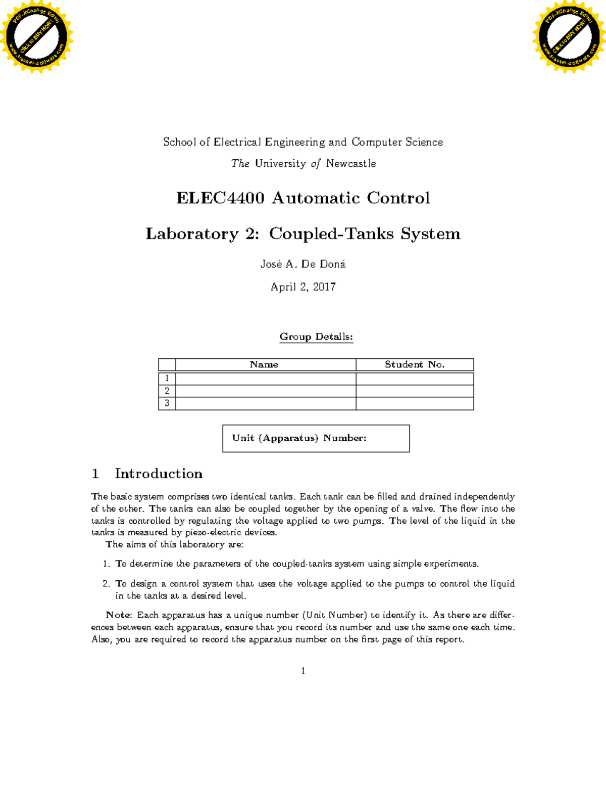 Lab2-filled-out - ELEC4400 Automatic Control Laboratory 2: Coupled ...