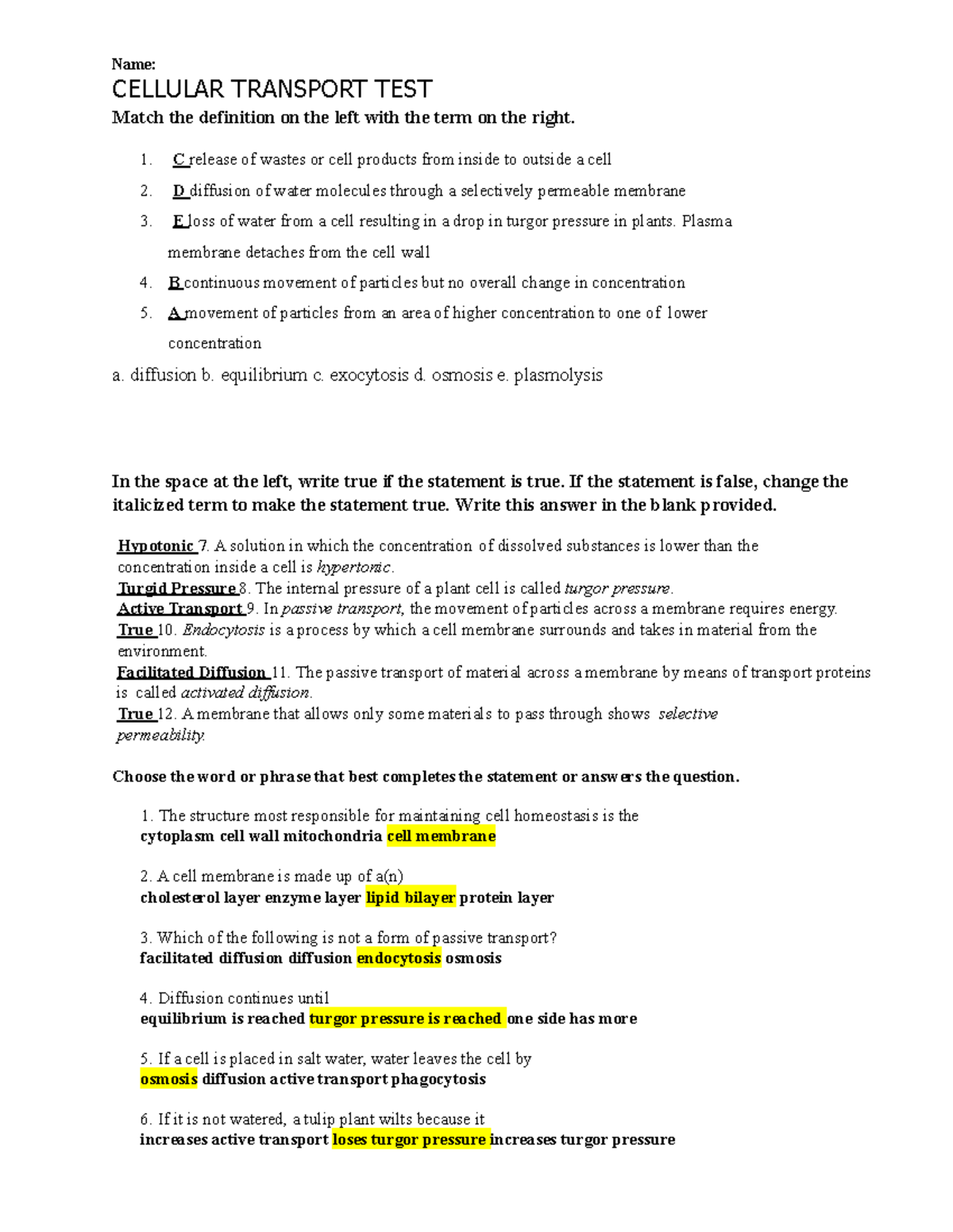 Cellular Transport - Name: CELLULAR TRANSPORT TEST Match the definition ...