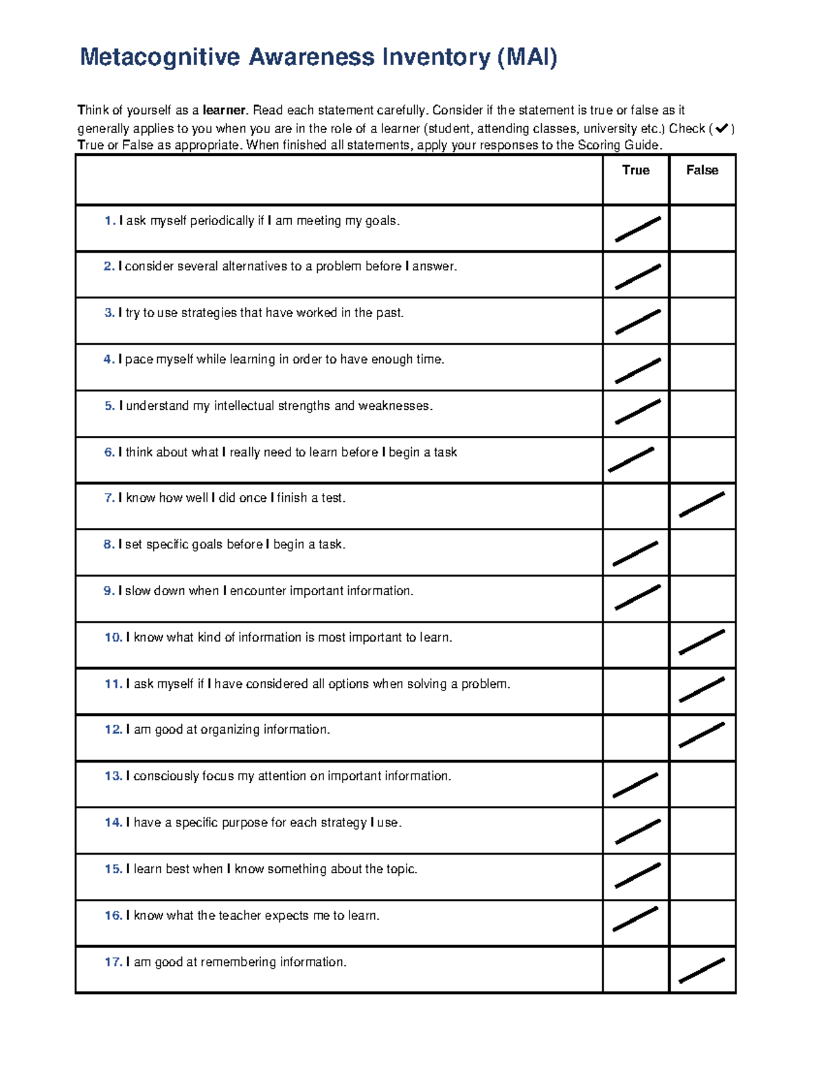 Metacognitive Awareness Inventory (MAI) - Read each statement carefully ...