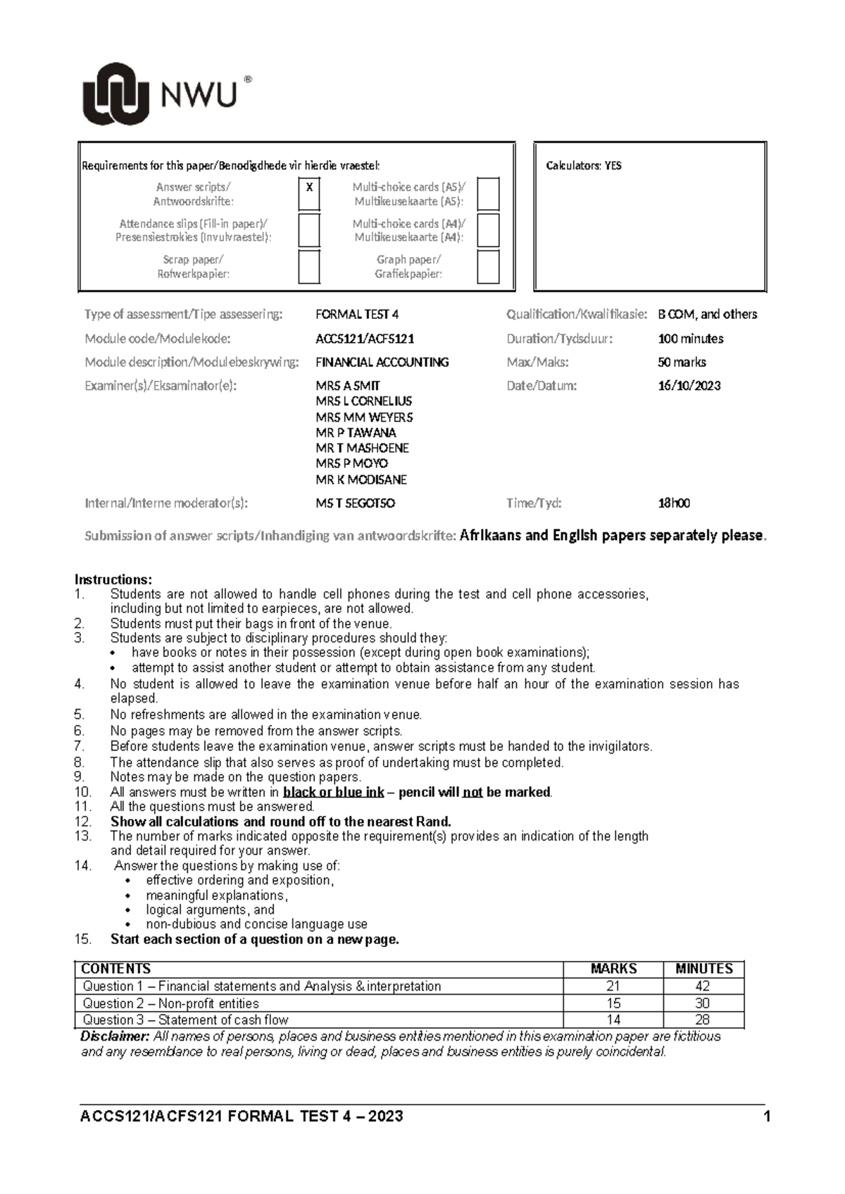 2023 ACCS121 Formal test 4 - Requirements for this paper/Benodigdhede ...