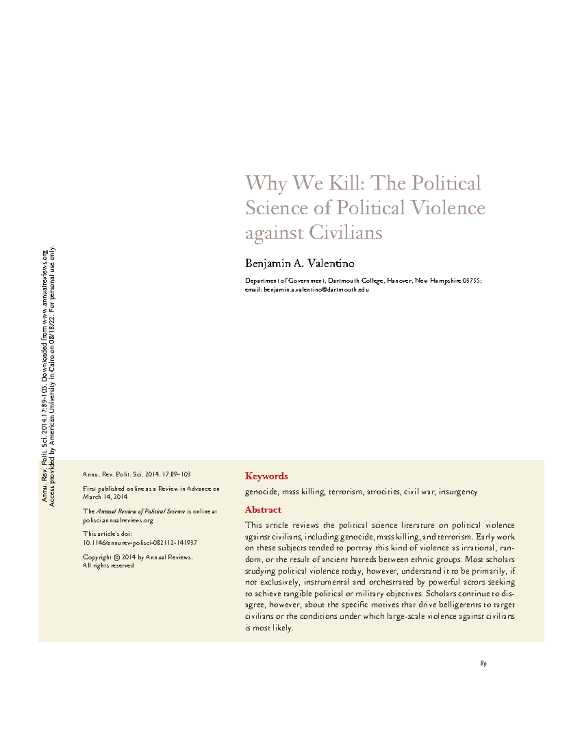 Why we kill - notes - Why We Kill: The Political Science of Political ...