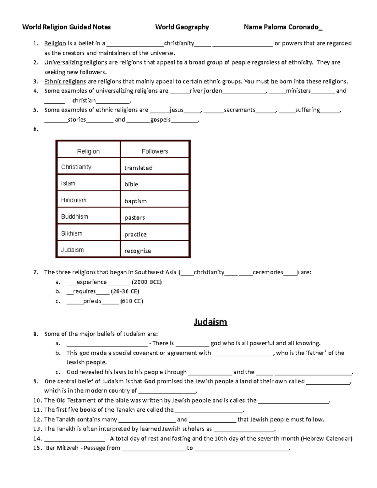 World Religion Guided Notes - Universalizing religions are religions ...